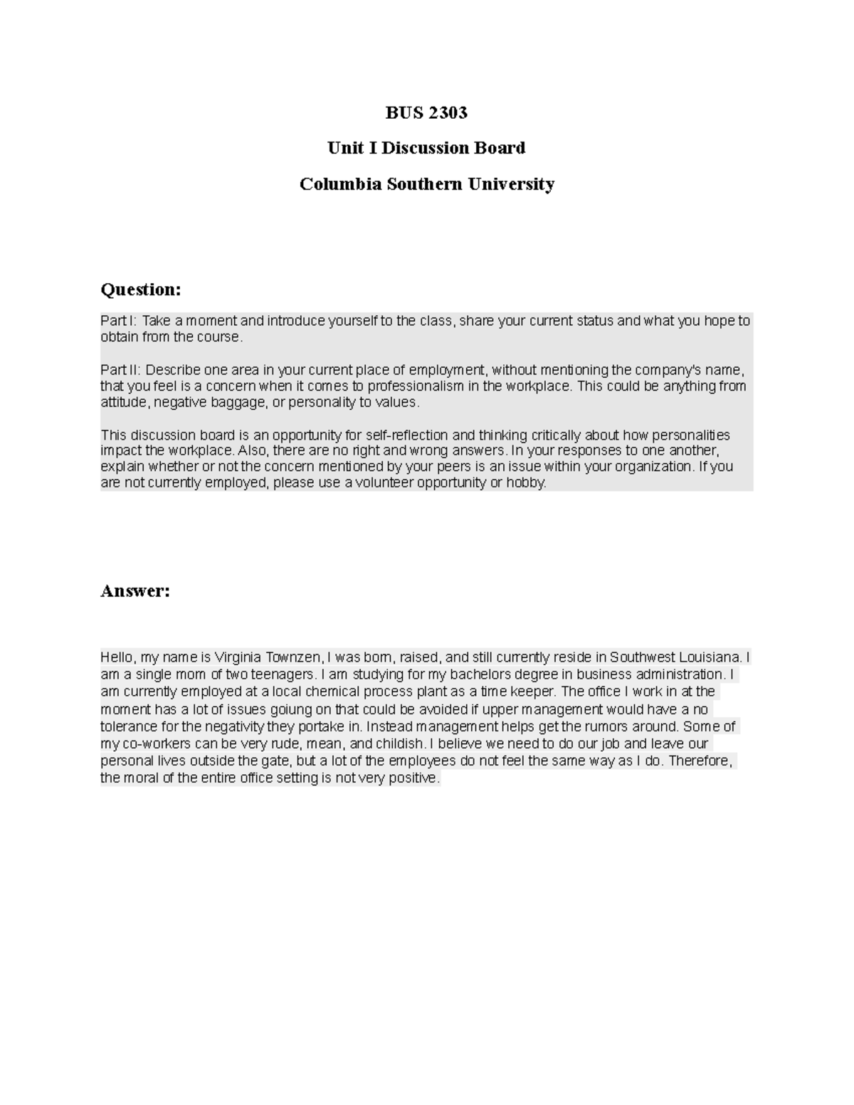 Unit I DB - Unit I Discussion Board - BUS 2303 Unit I Discussion Board ...