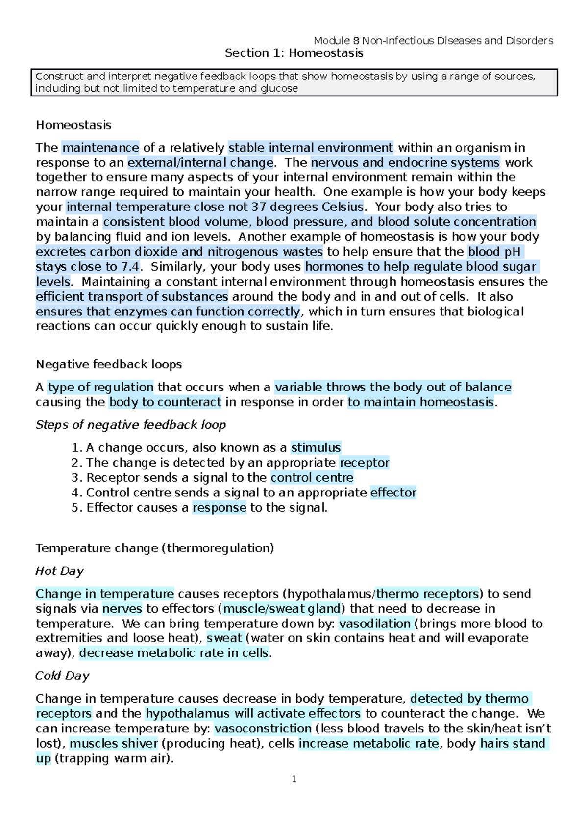 HSC Biology Module 8 band 6 quality - Section 1: Homeostasis Construct ...