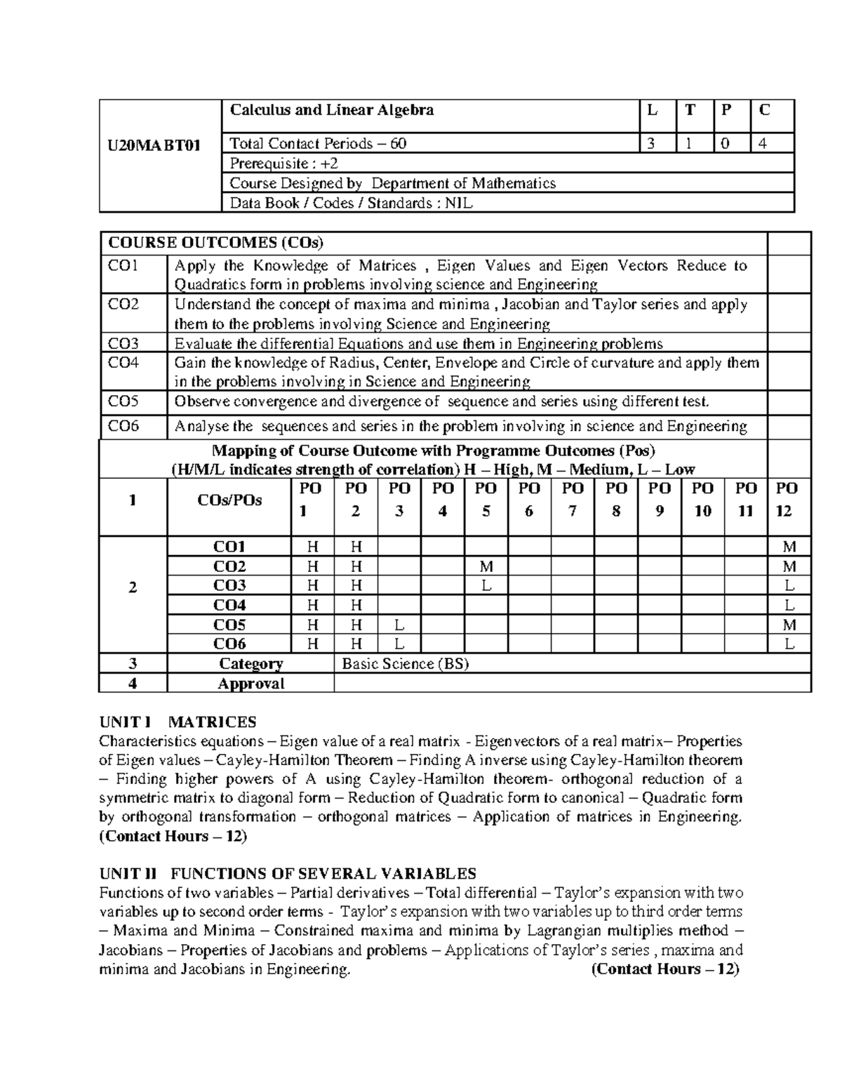 U20MABT01 Calculus and Linear Algebra - U20MABT Calculus and Linear ...