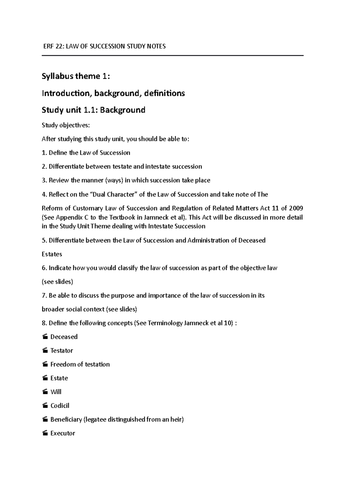 LAW OF Succession Notes - ERF 22: LAW OF SUCCESSION STUDY NOTES ...