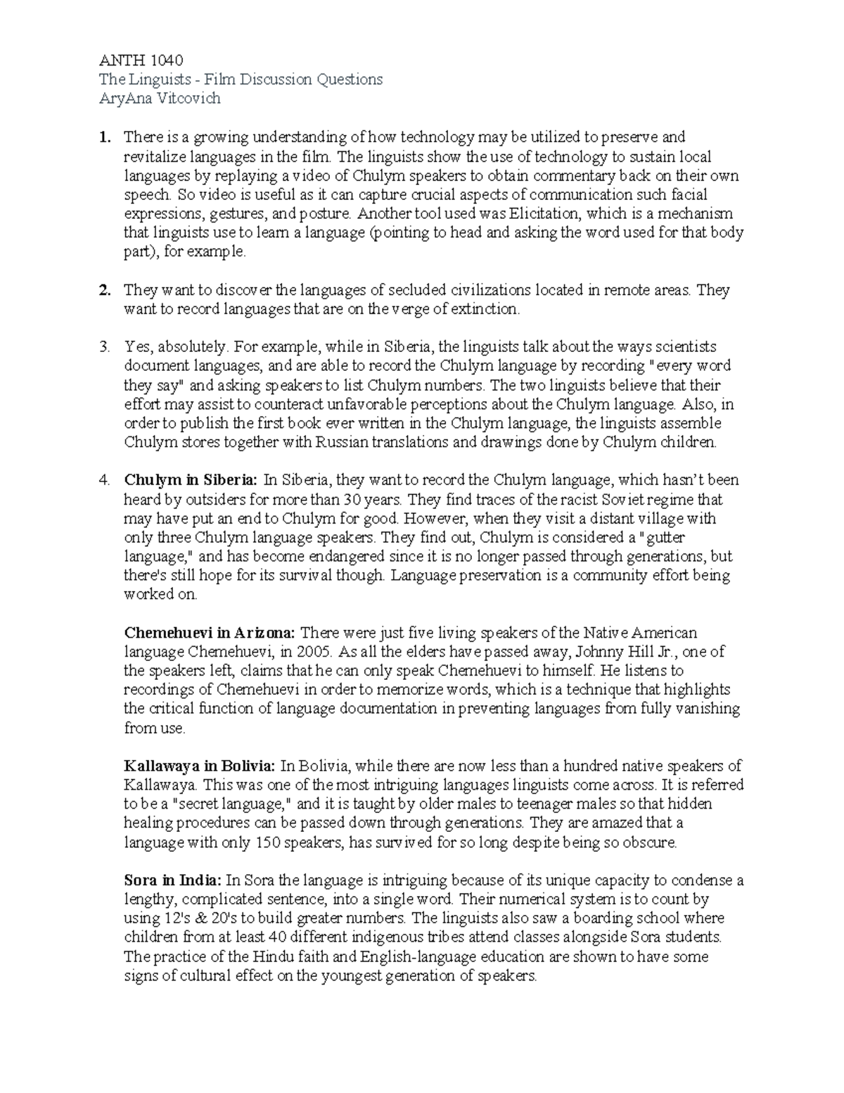 The Linguists Film Discussion - ANTH 1040 The Linguists - Film ...