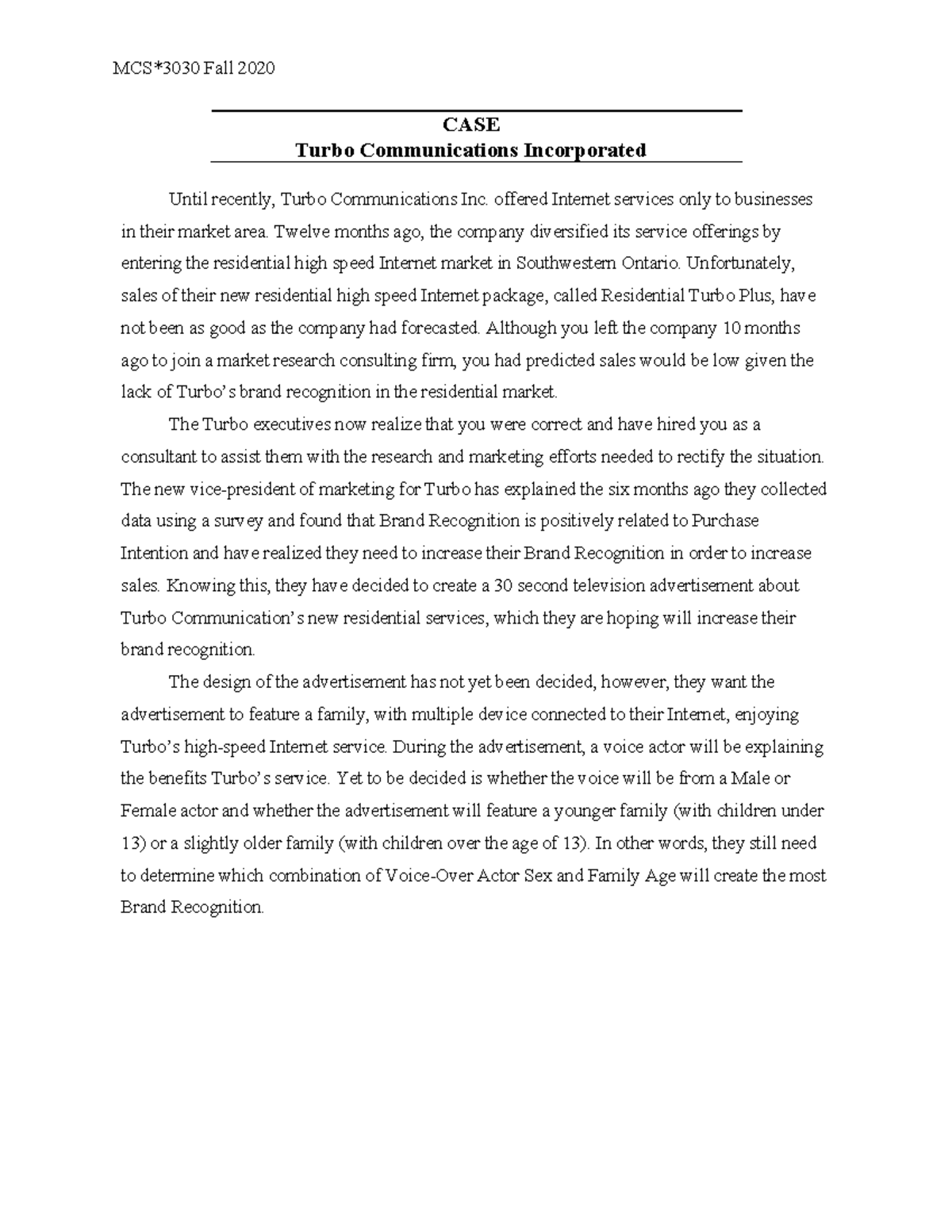 Test 3 Case - Turbo Communications - MCS*3030 Fall 2020 Turbo ...