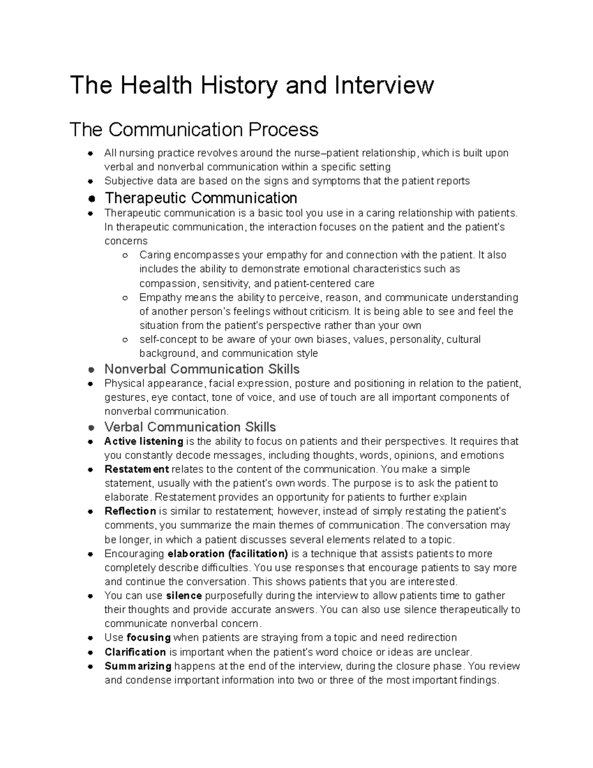 Chapter 2 Notes - The Health History and Interview The Communication ...