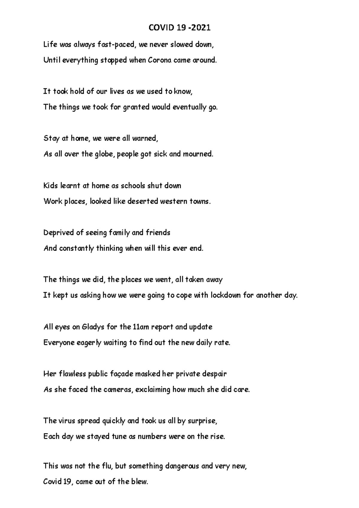 Covid poem - poem - COVID 19 - Life was always fast-paced, we never ...