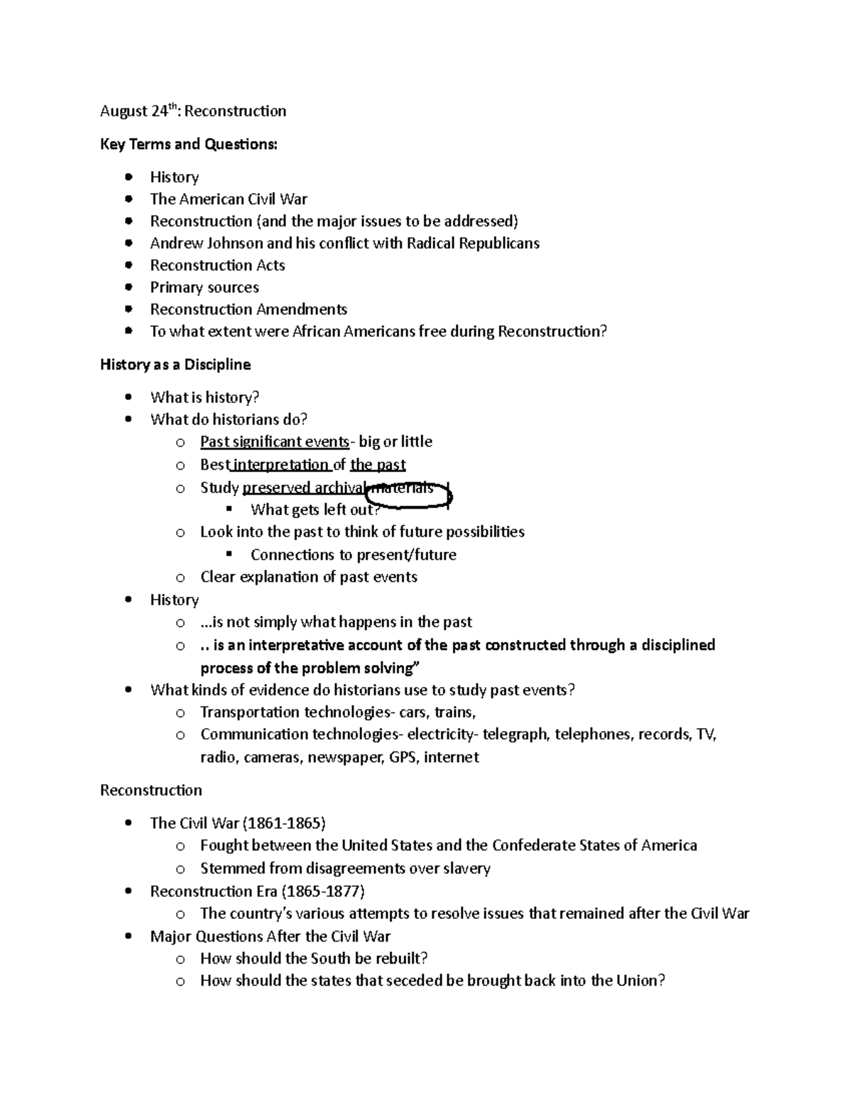 August 24th - Professor Dickmeyer - August 24th: Reconstruction Key ...