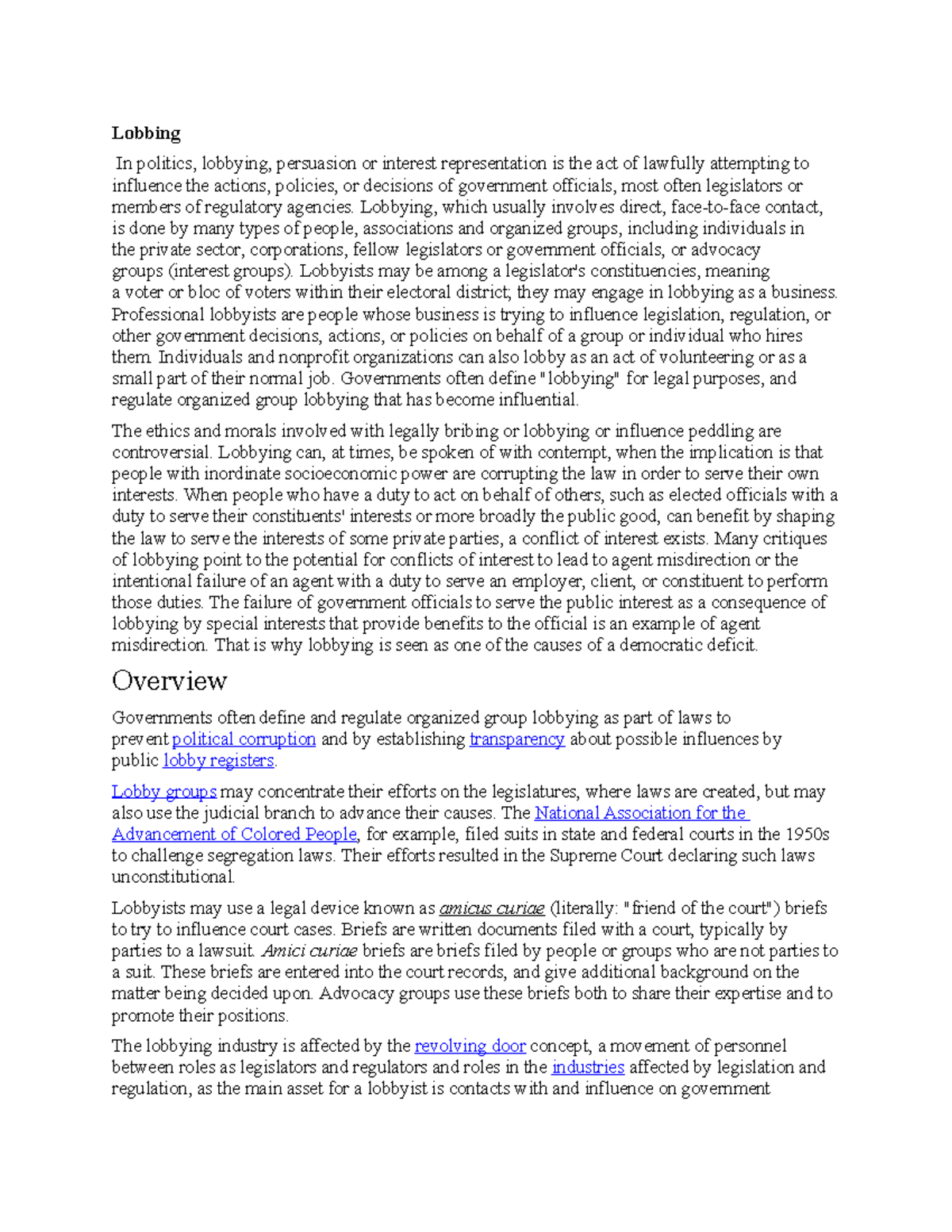 Lobbing - assignment - Lobbing In politics, lobbying, persuasion or ...