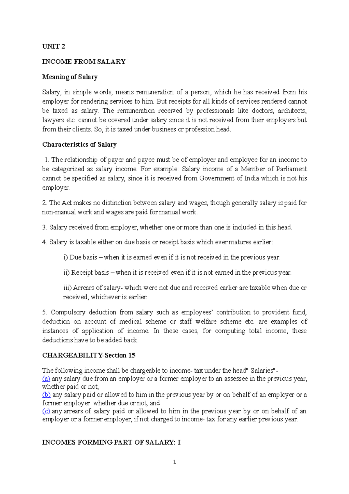 Unit 2 tax notes - UNIT 2 INCOME FROM SALARY Meaning of Salary Salary ...
