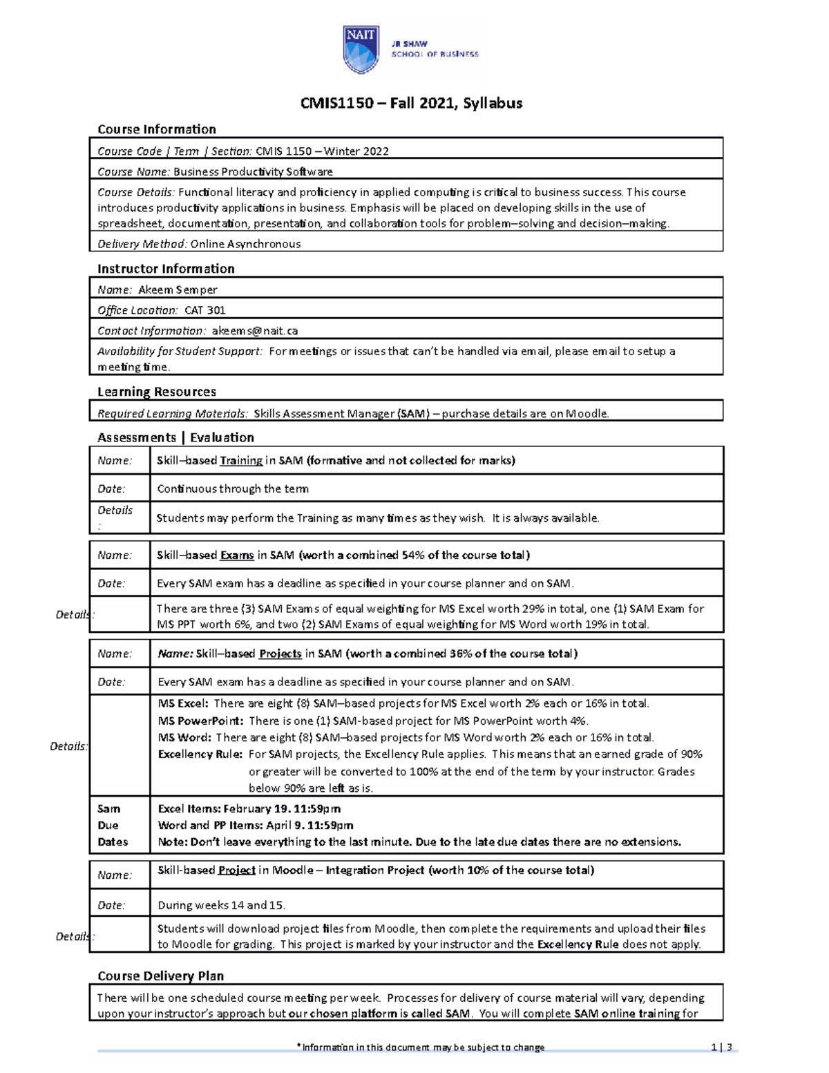 Syllabus - CMIS 1150 Term 1212-4 - CMIS1150 – Fall 2021, Syllabus ...