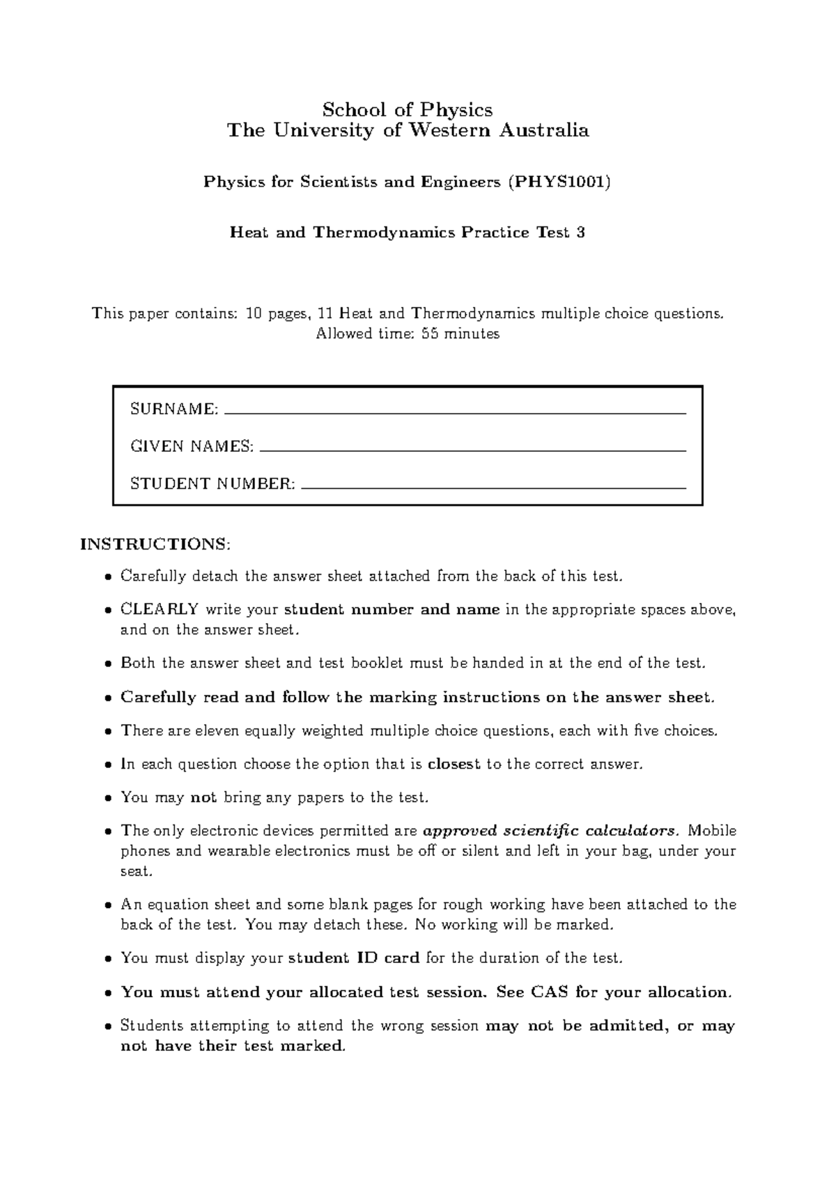 PHYS1001 H&T practice test 3 with solutions - School of Physics The ...