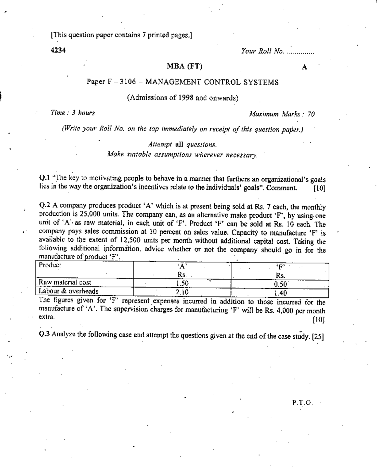 MBA (FT) Paper F-3106- Management Control Systems - MS-43 Management ...