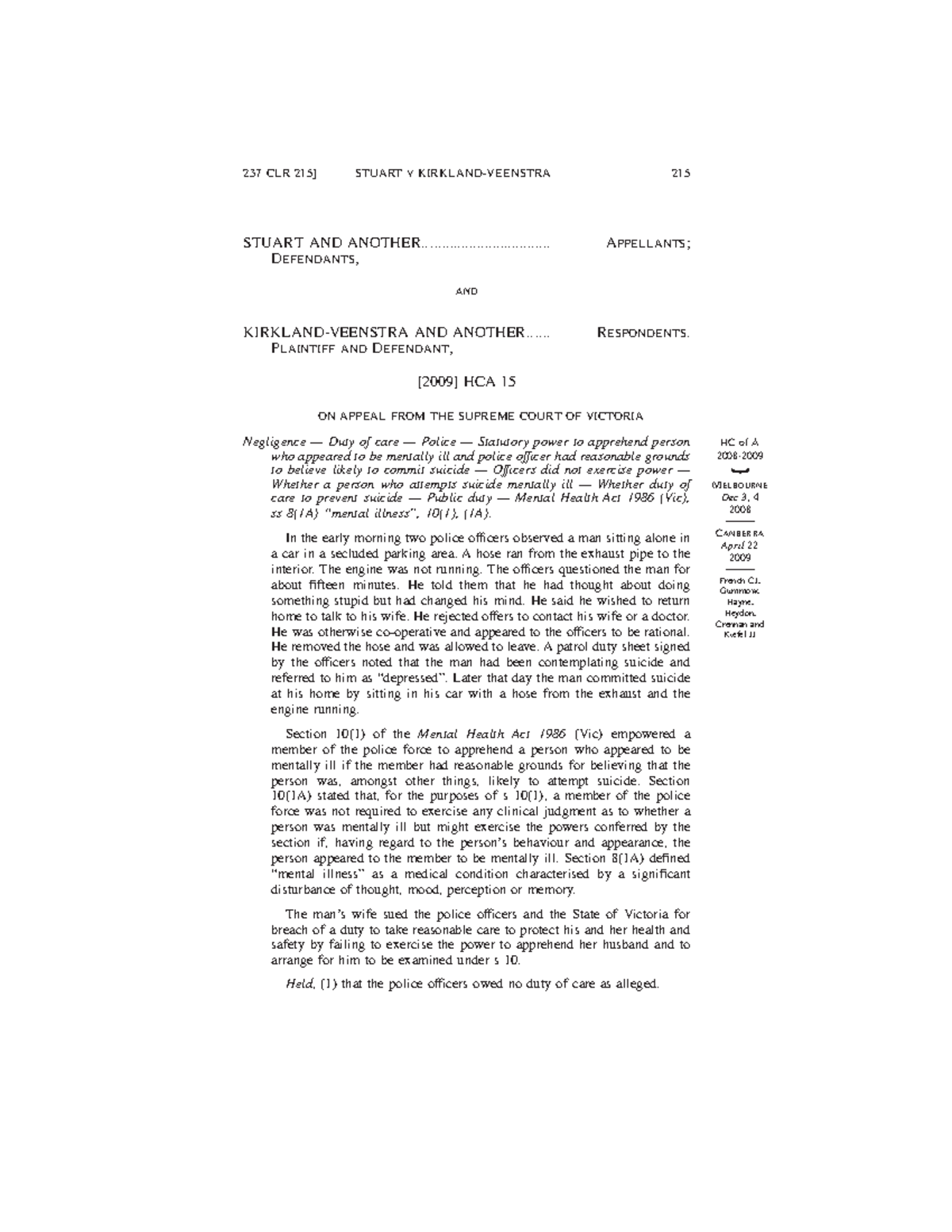 Stuart v Kirkland-Veenstra (2009 ) 237 CLR 215 - STUART AND ANOTHER ...