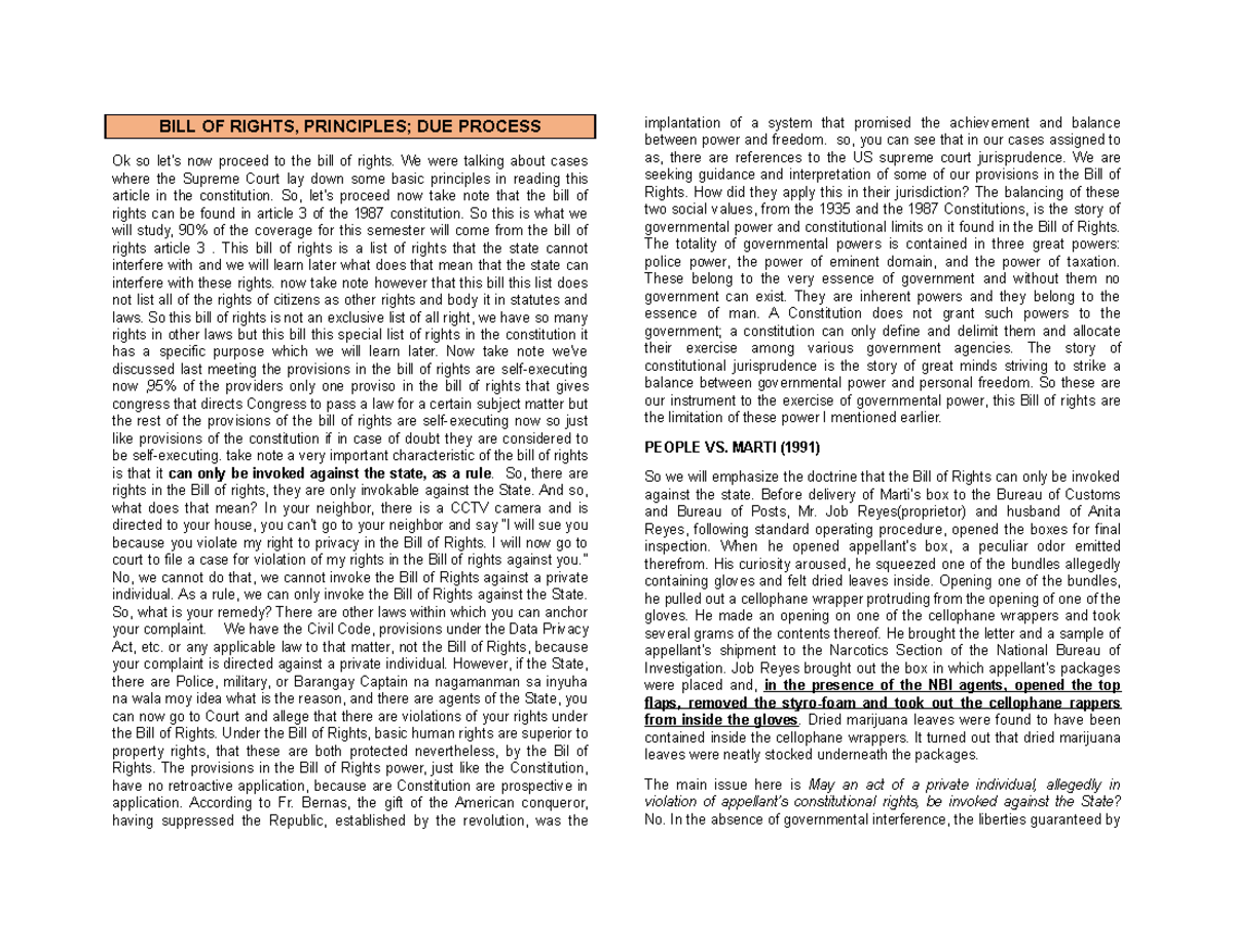 BILL OF Rights part 2 - BILL OF RIGHTS, PRINCIPLES; DUE PROCESS Ok so ...