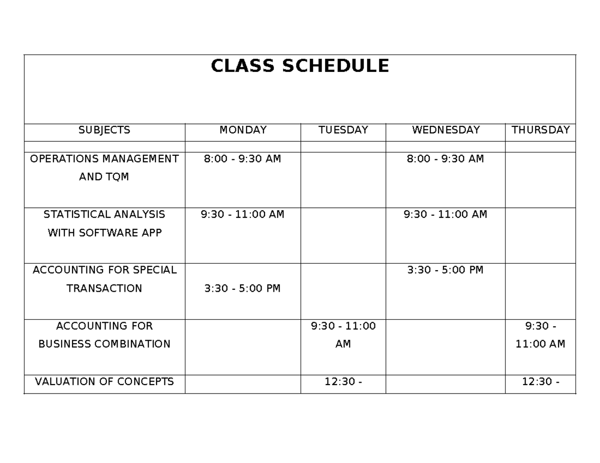 Class Schedule - sched - accountancy - CLASS SCHEDULE SUBJECTS MONDAY TUESDAY WEDNESDAY THURSDAY ...