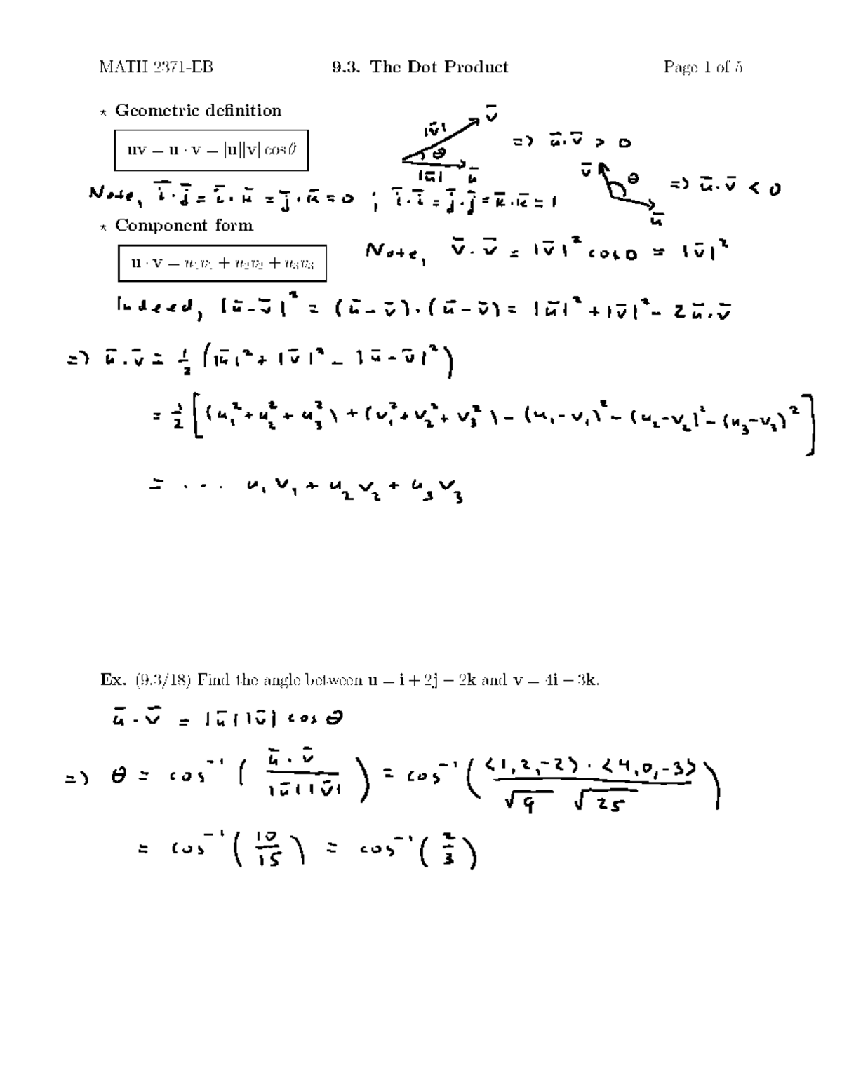 math 2321 multivar calc iii 9.3 annotated - MATH 9. The Dot Product ...