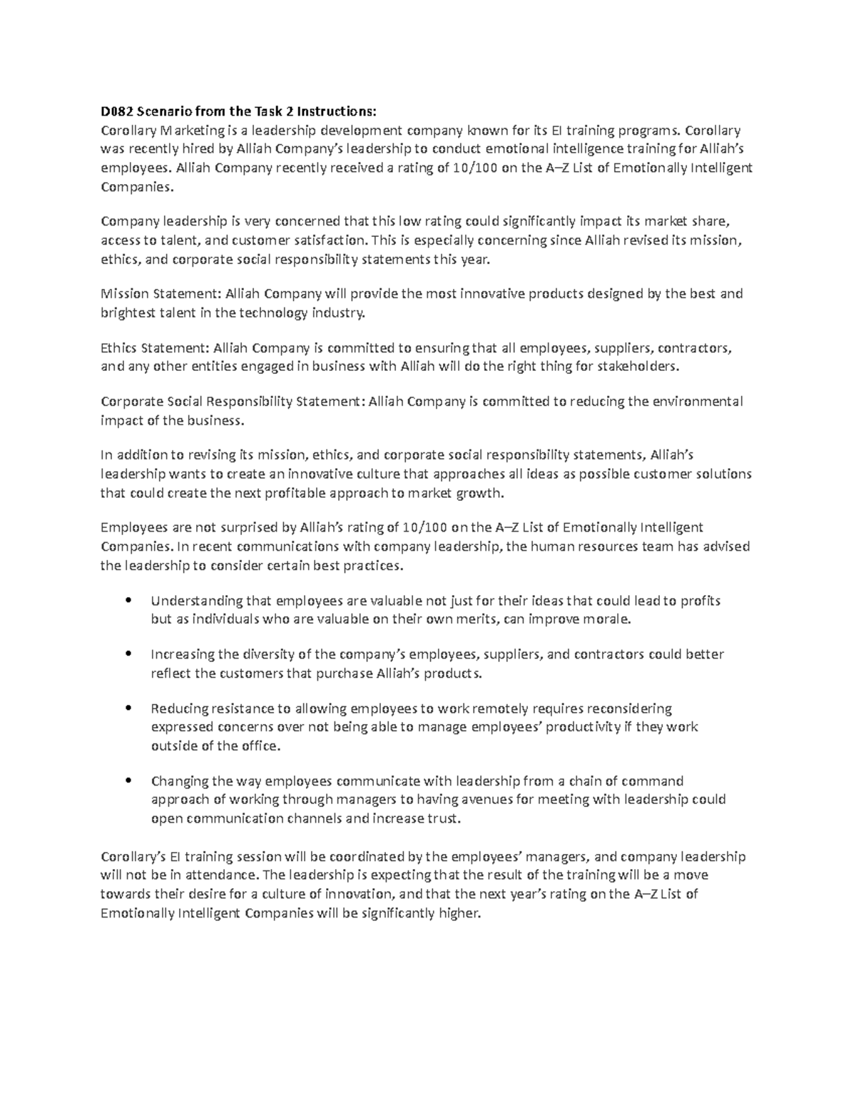D082 Task 2 Alliah Scenario - D082 Scenario from the Task 2 ...