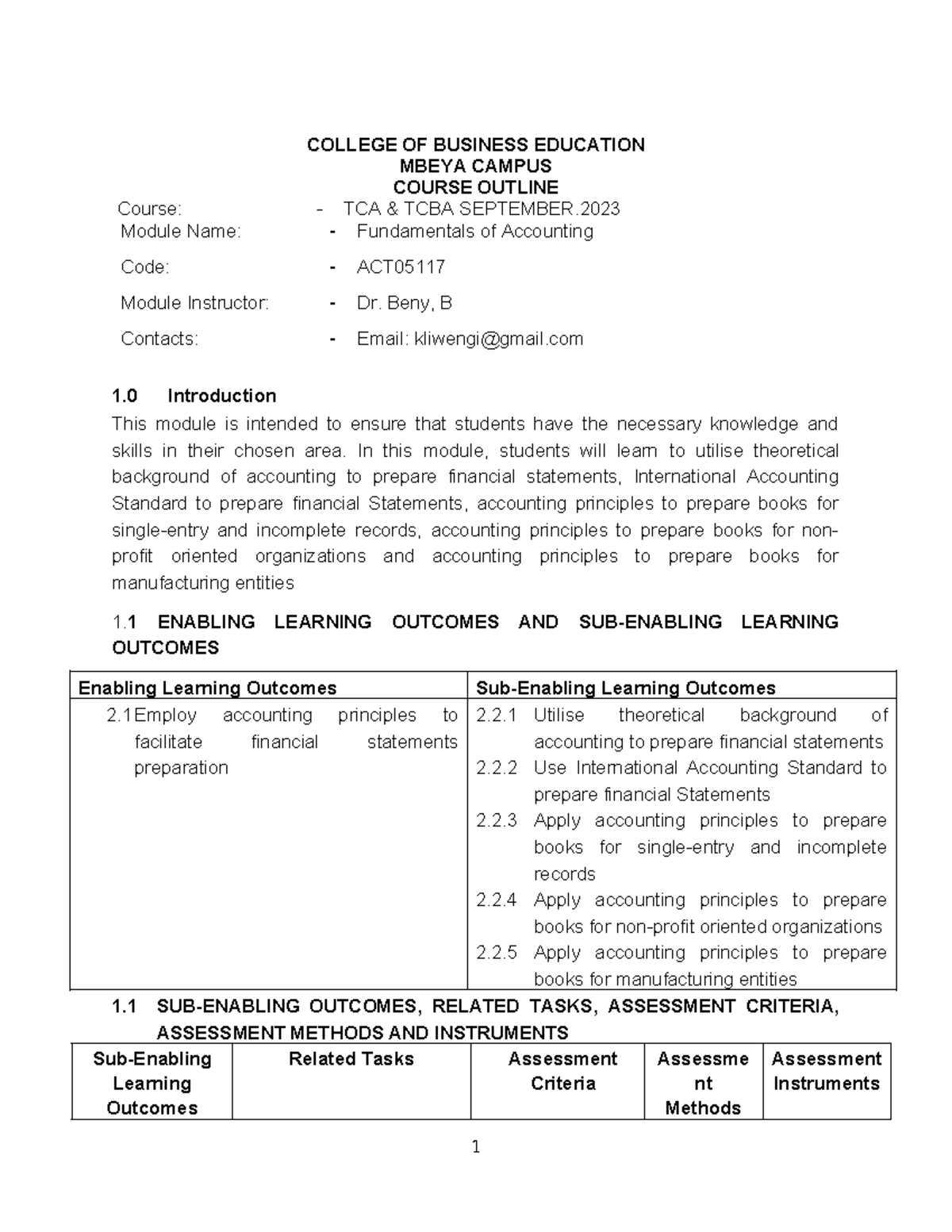 Course outline..fundamental of acc level 5. Sept 2023 TCA & TCBA ...