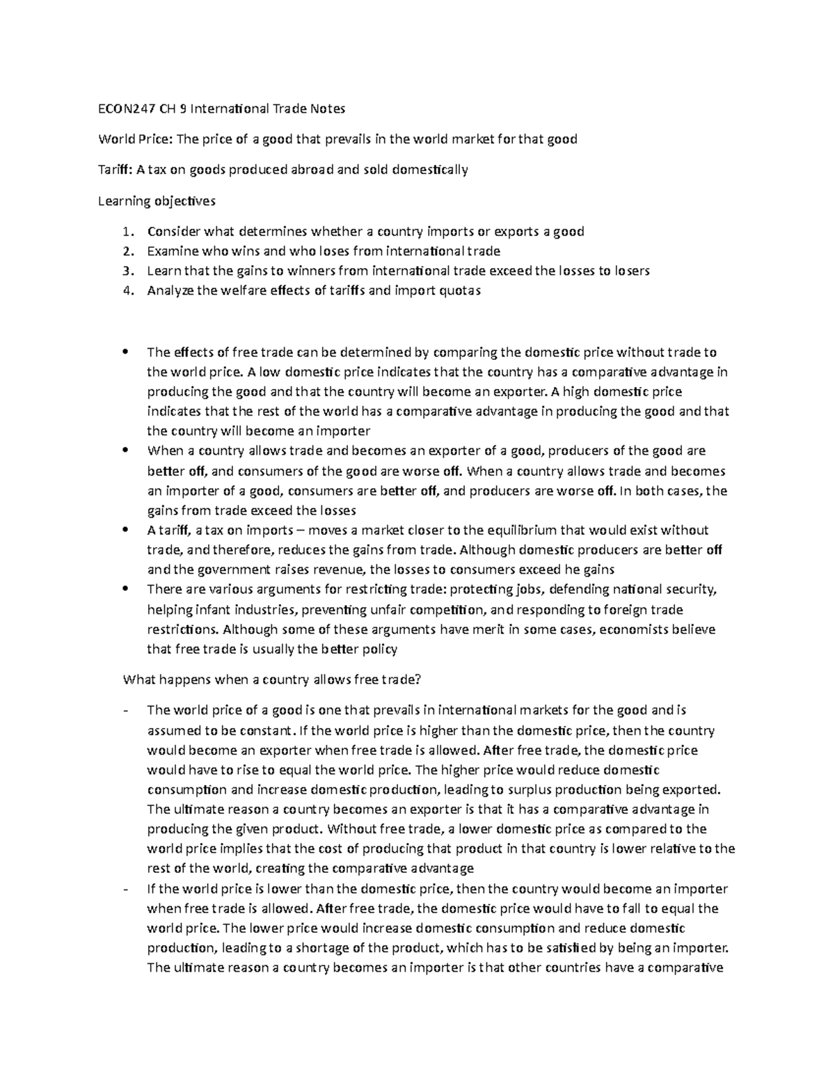 ECON247 CH 9 International Trade Notes - A low domestic price indicates ...