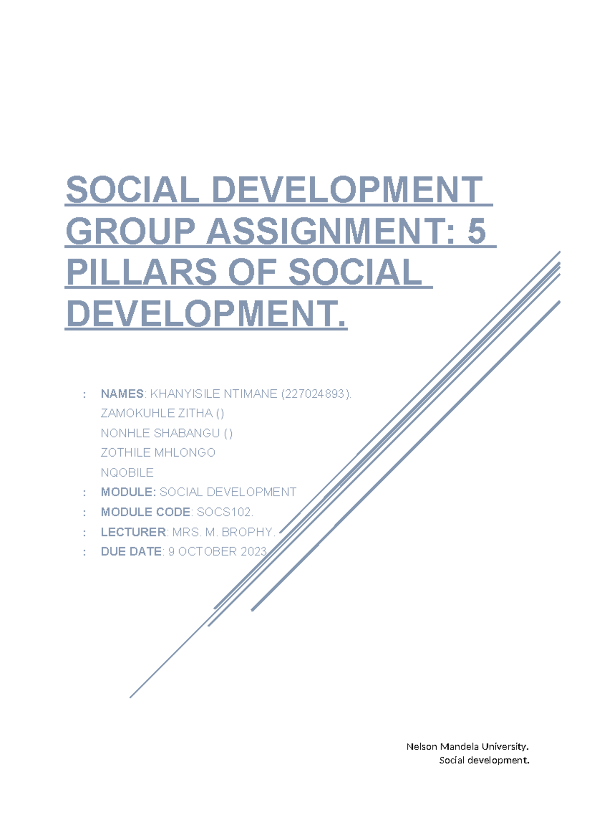 5 Pillars of Social Development assignment - Nelson Mandela University ...