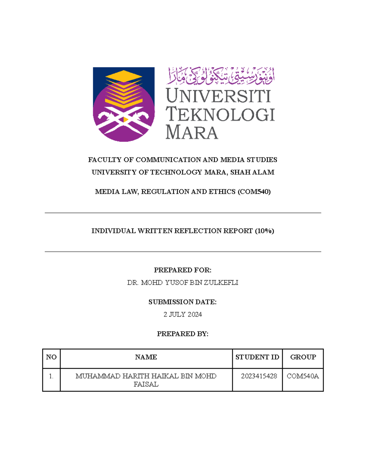 Individual Written Reflection Report Muhammad Harith Haikal BIN MOHD ...