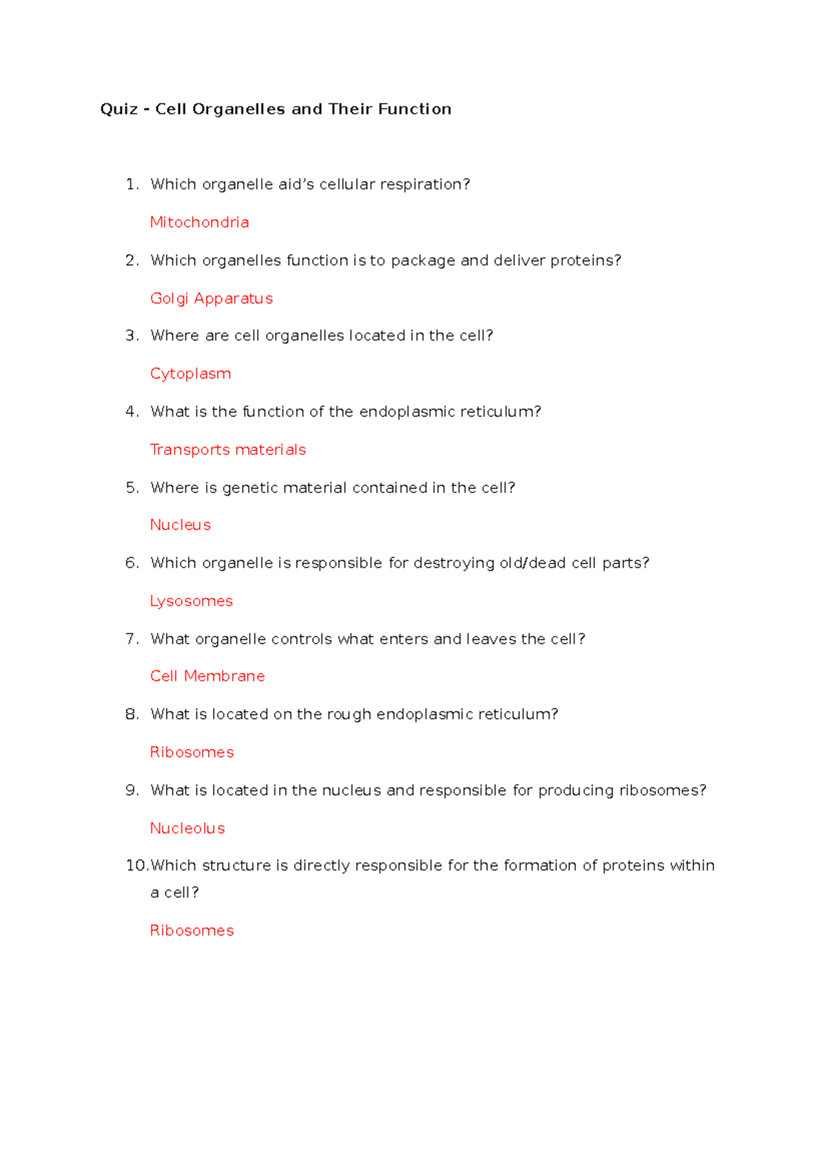 Quiz - Cells and Organelles - Quiz - Cell Organelles and Their Function ...