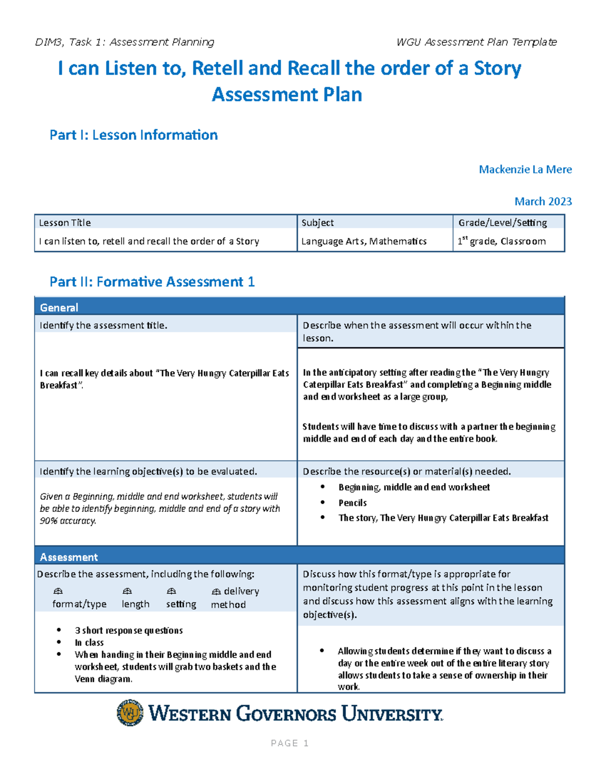 1st grade assessment plan Tvhceb part 2 - I can Listen to, Retell and ...