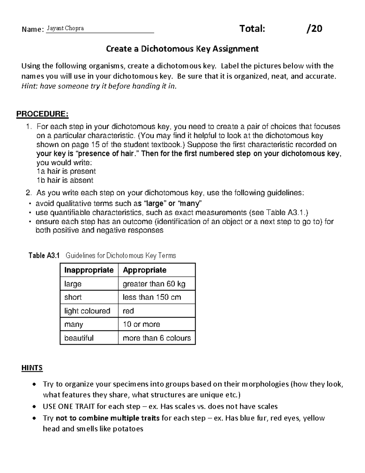 Jay Chopra - 1.2 - Create a Dichotomous Key Assignment - Create a ...