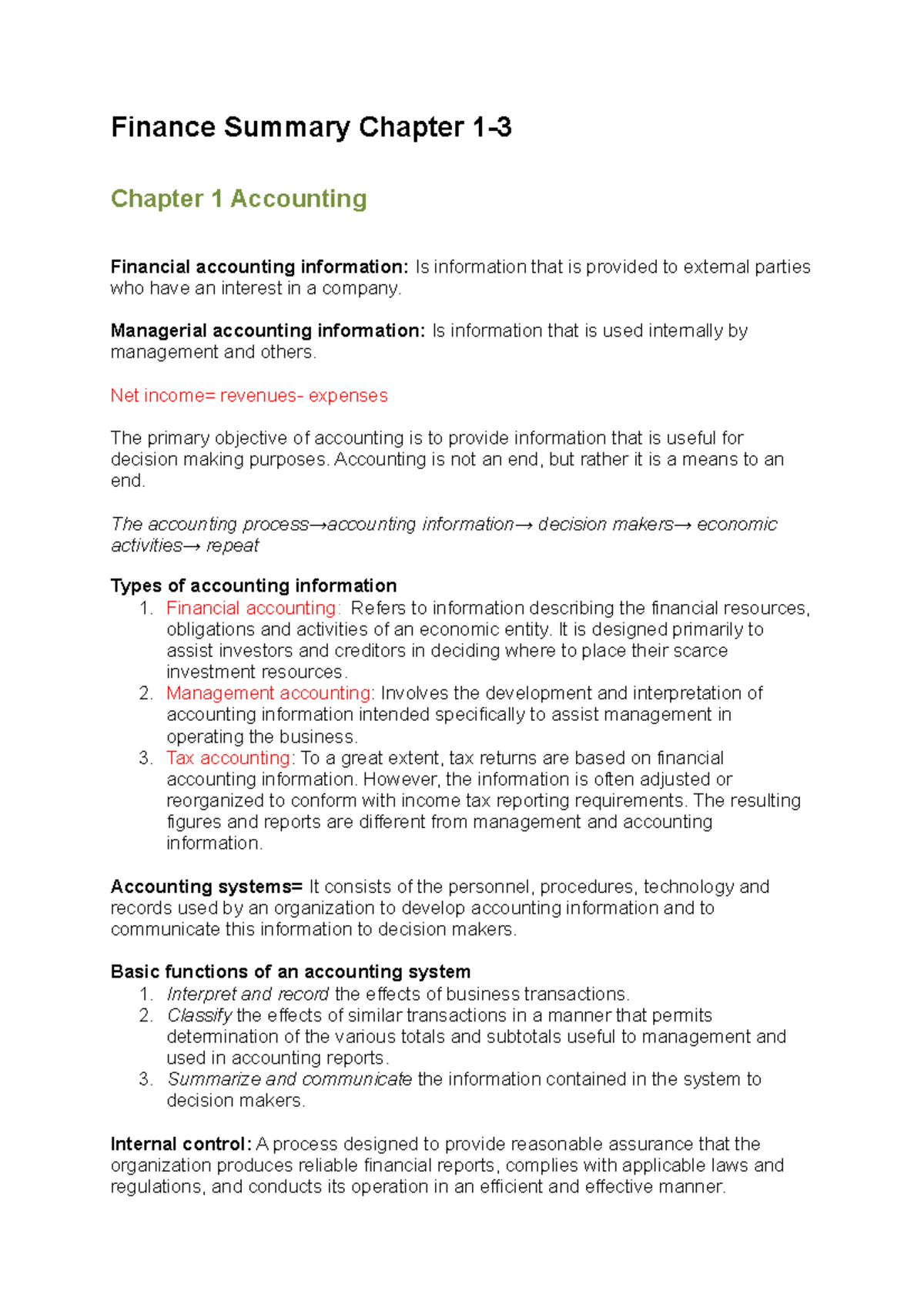 Finance 1-3 - Finance Summary Chapter Chapter 1 Accounting Financial ...