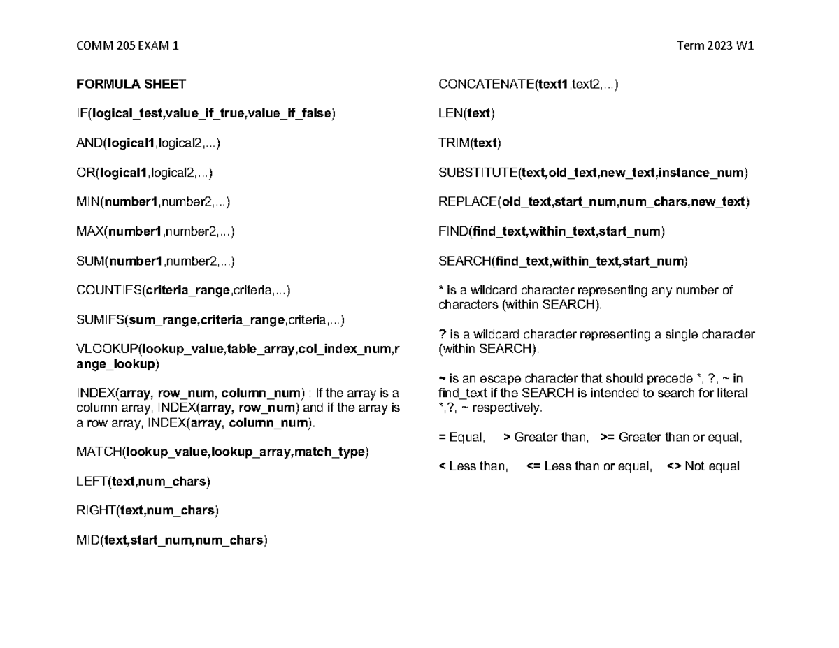 Formula Sheet - COMM 205 EXAM 1 Term 202 3 W FORMULA SHEET - Studocu