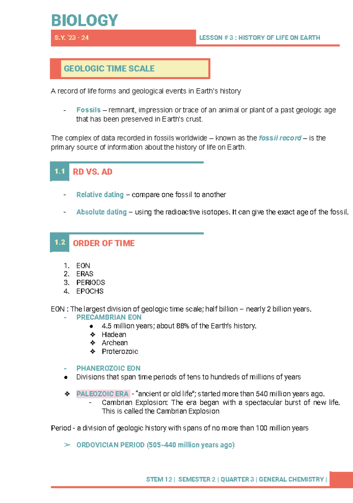 BIO-3 - Biology - BIOLOGY S. ‘23 - 24 LESSON # 3 : HISTORY OF LIFE ON ...