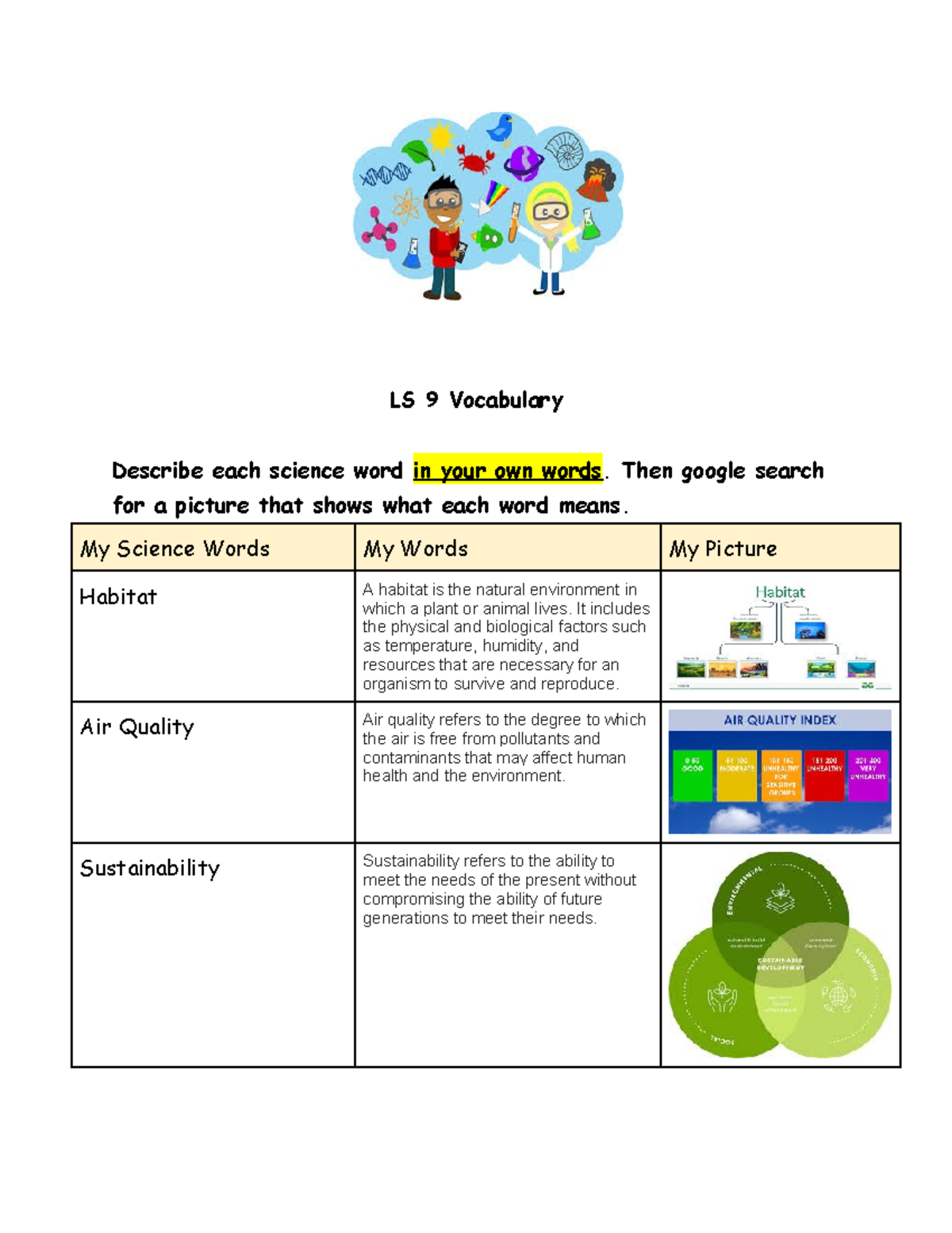 LS 9 - My Science Words - NOTES/WORKS - LS 9 Vocabulary Describe each ...