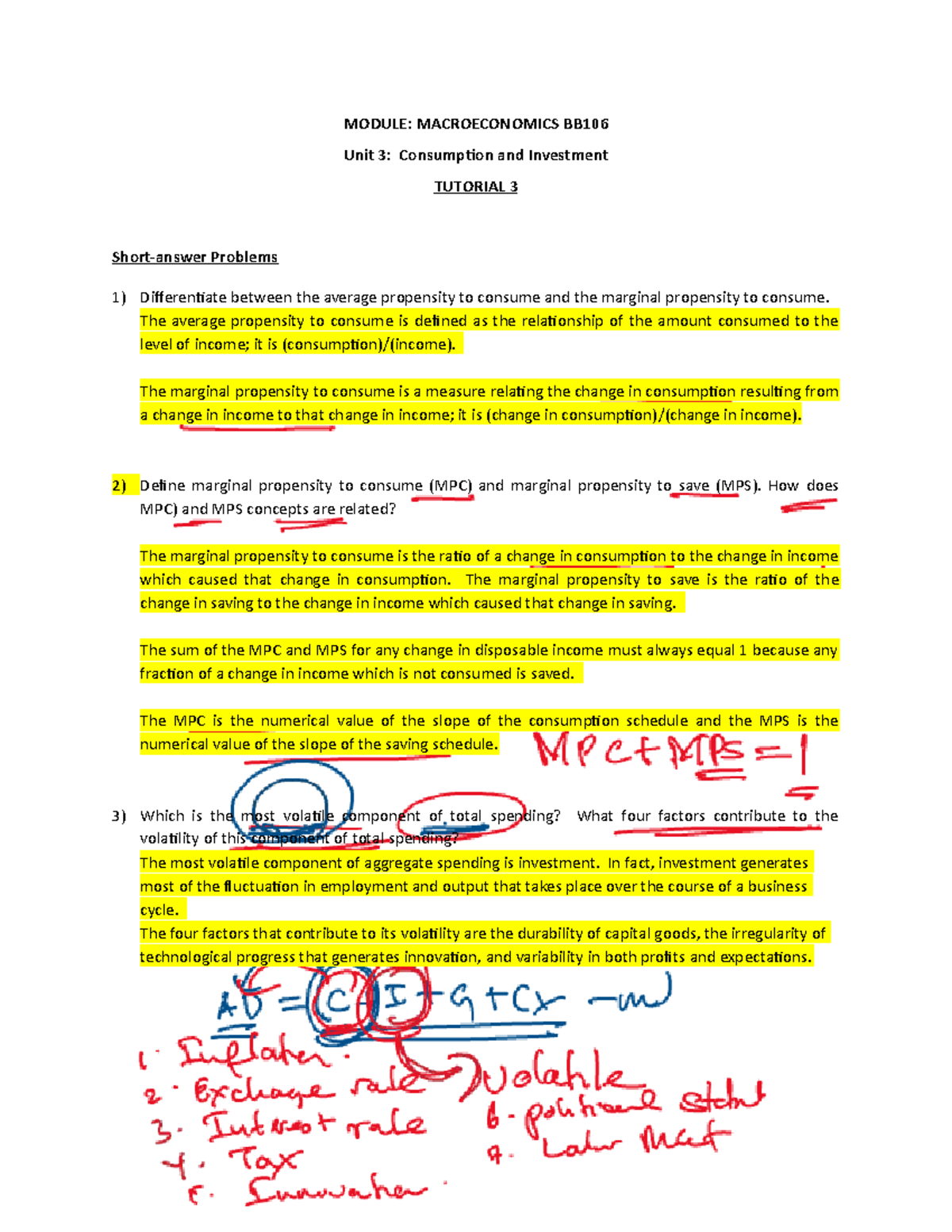 T3 L - answer - MODULE: MACROECONOMICS BB Unit 3: Consumption and ...