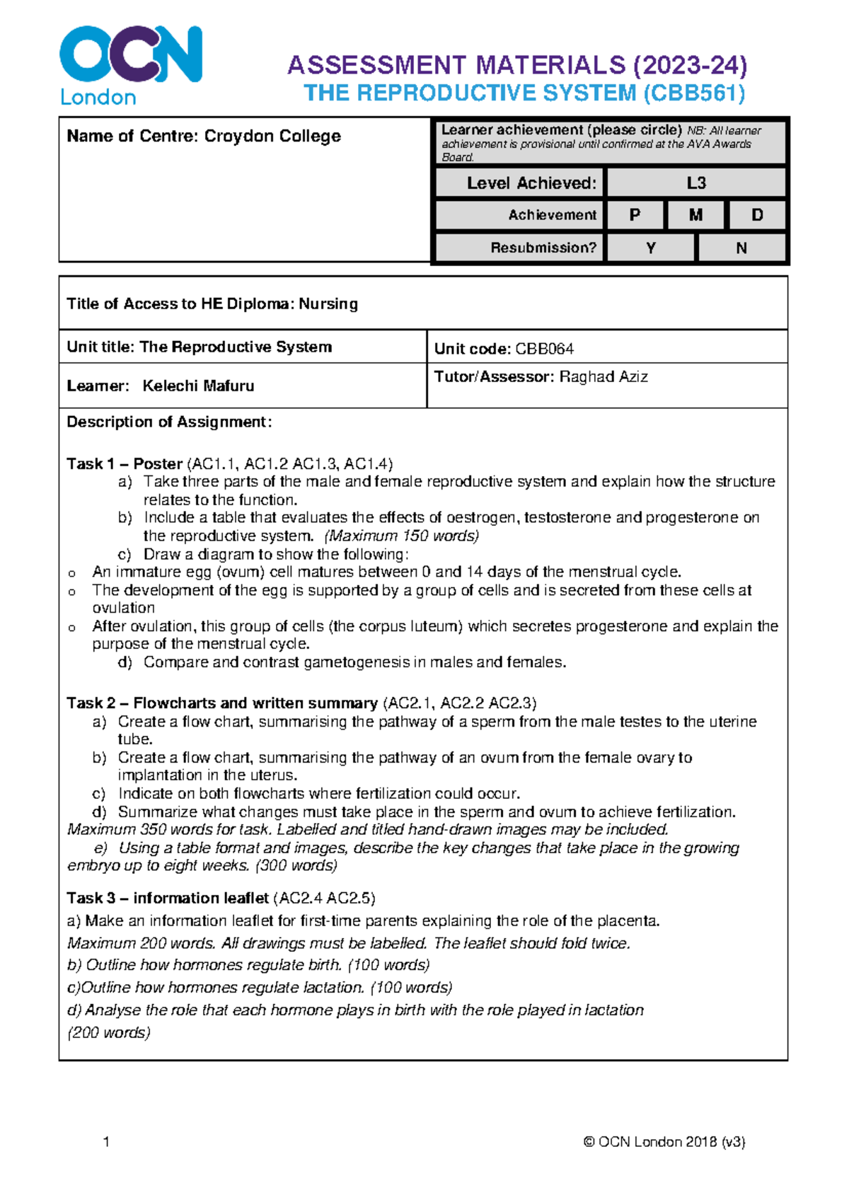 The Reproductive System assignment brief - ASSESSMENT MATERIALS (202 3 ...