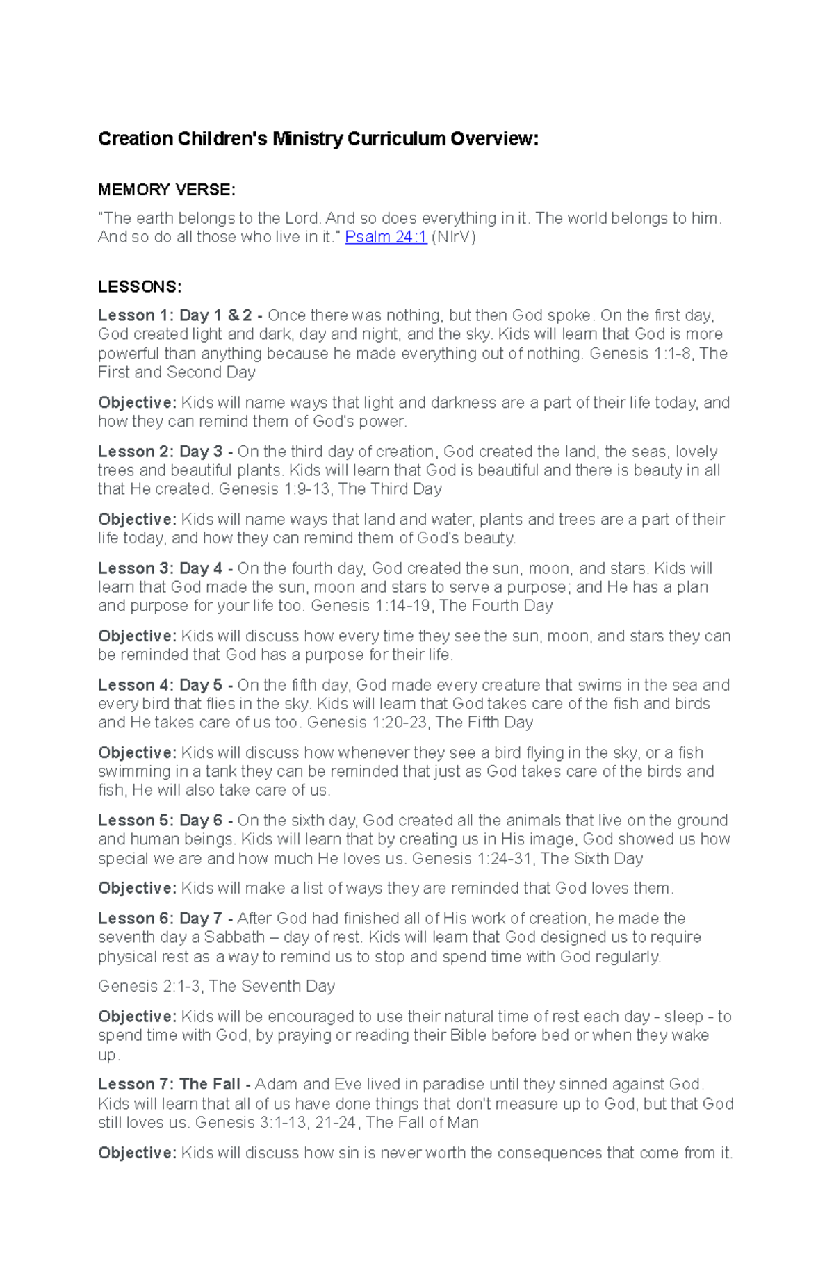 Lesson Childrens - Creation Children's Ministry Curriculum Overview ...