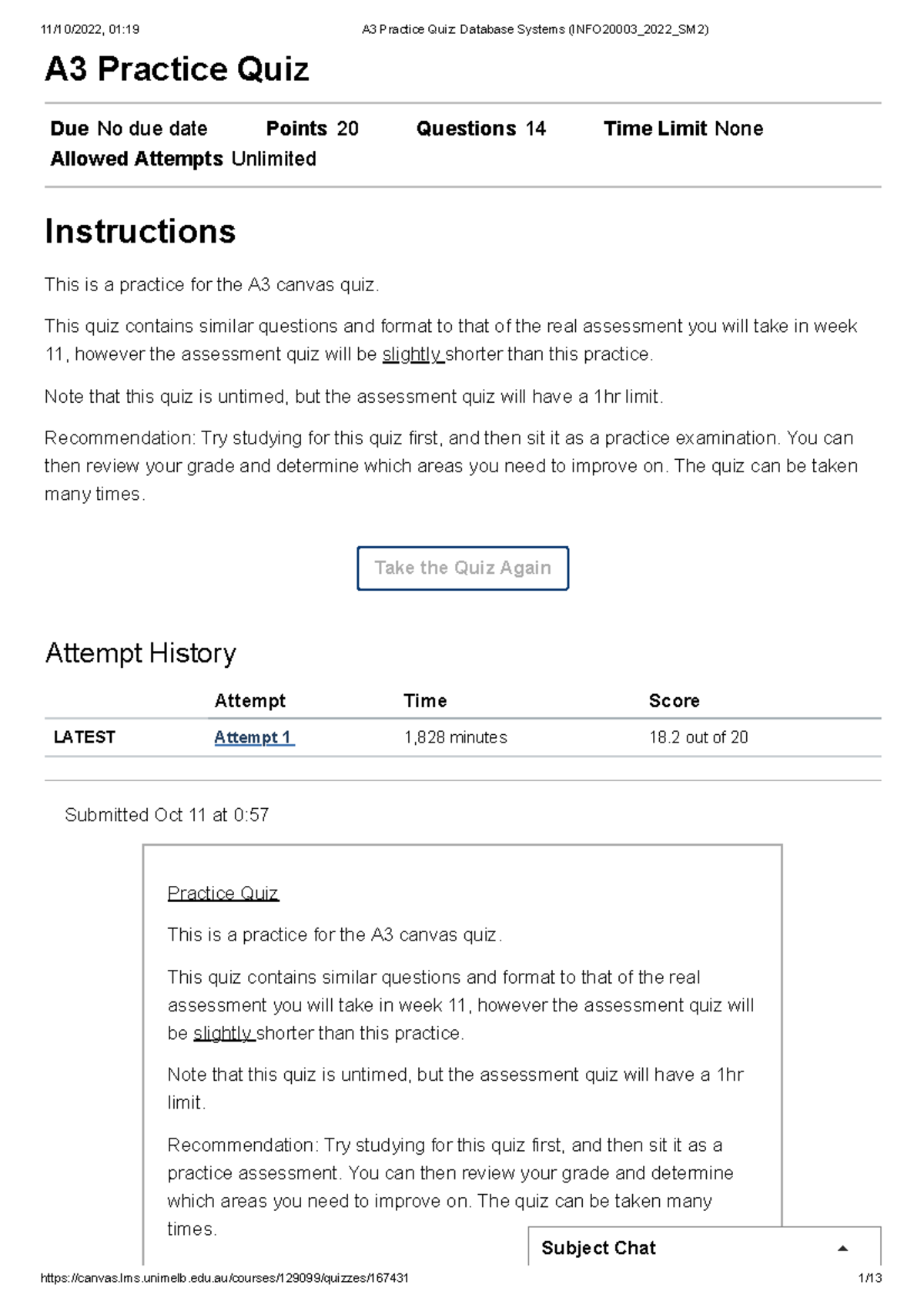 A3 Practice Quiz Database Systems (INFO2000 3 2022 SM2) - A3 Practice ...