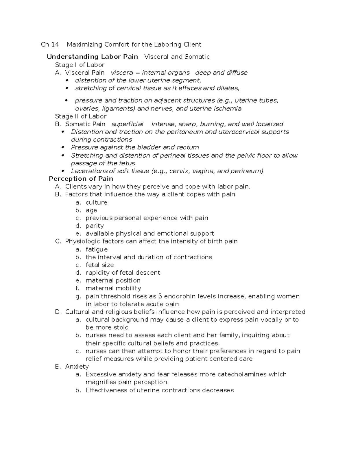 Wk 3 Outline Ch 14 - Labor and Birth - Ch 14 Maximizing Comfort for the ...