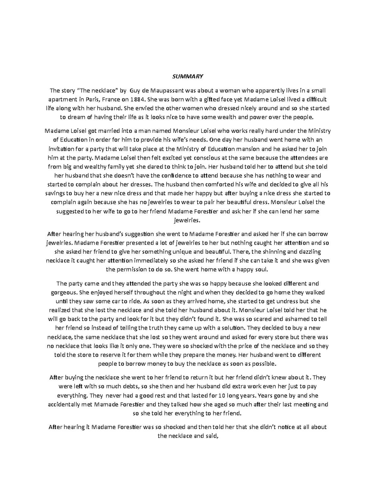 Summary And Analysis of The Necklace- Tolentino, Micky B. BSE3A ...