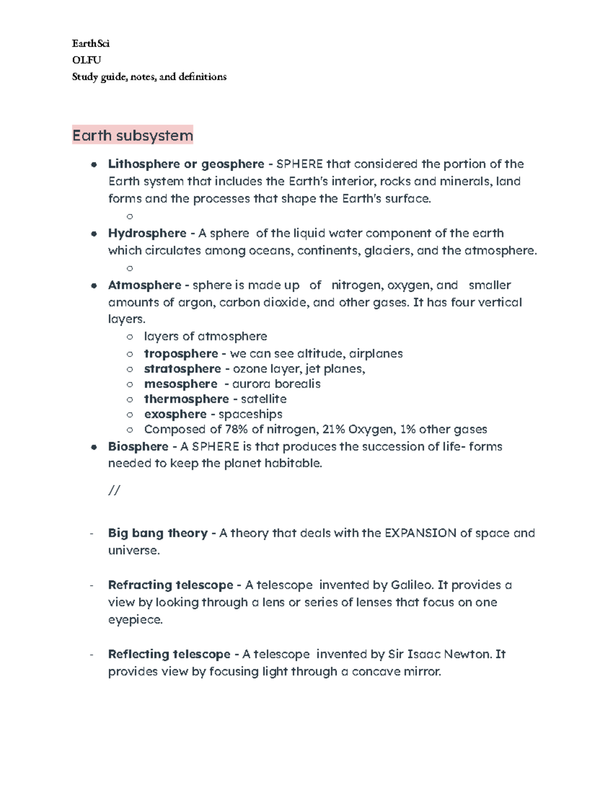 Earth subsystem - EarthSci OLFU Study guide, notes, and denitions Earth ...