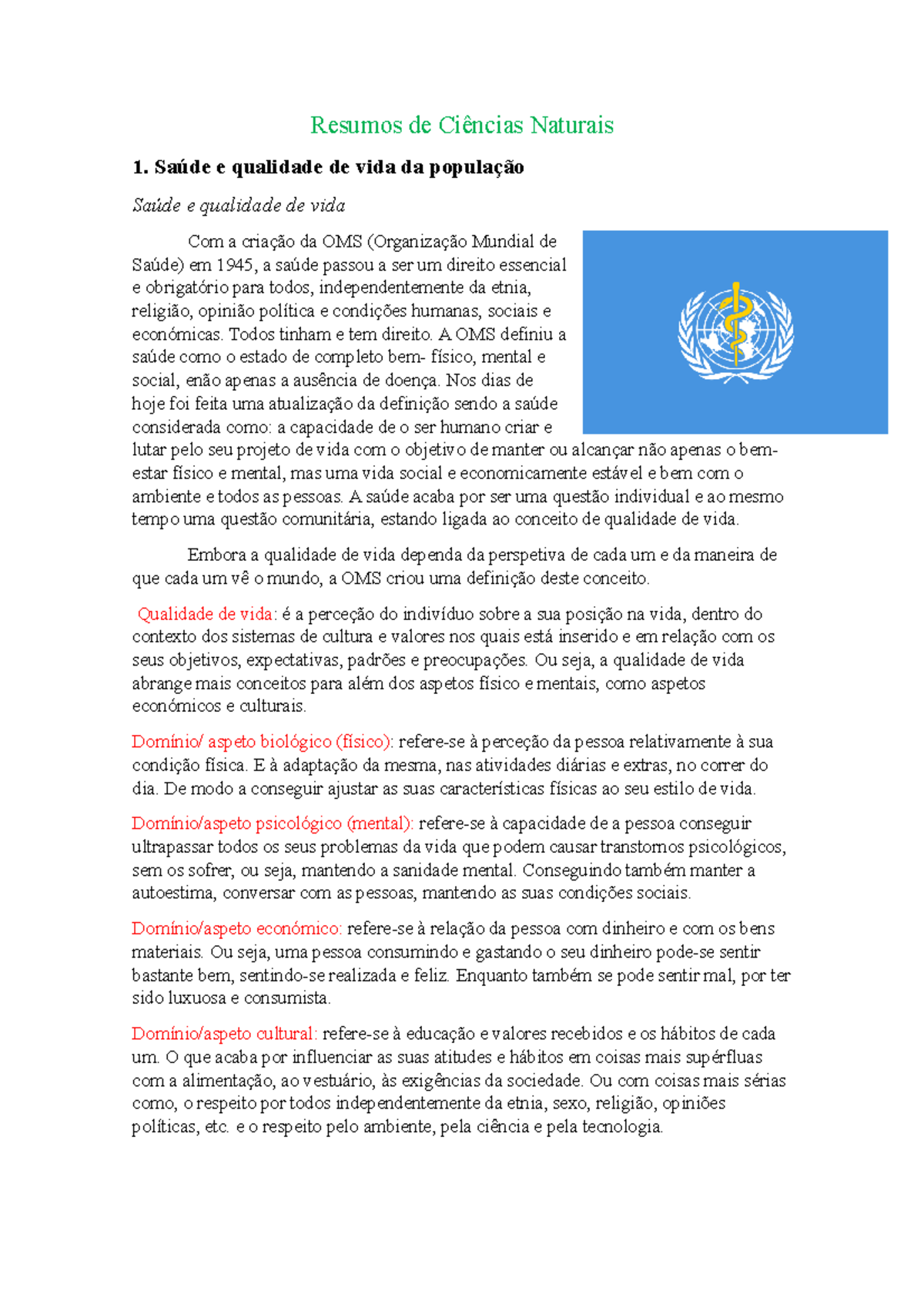 Resumos de Ciências Naturai. ultimo - Resumos de Ciências Naturais 1. Saúde e qualidade de vida ...