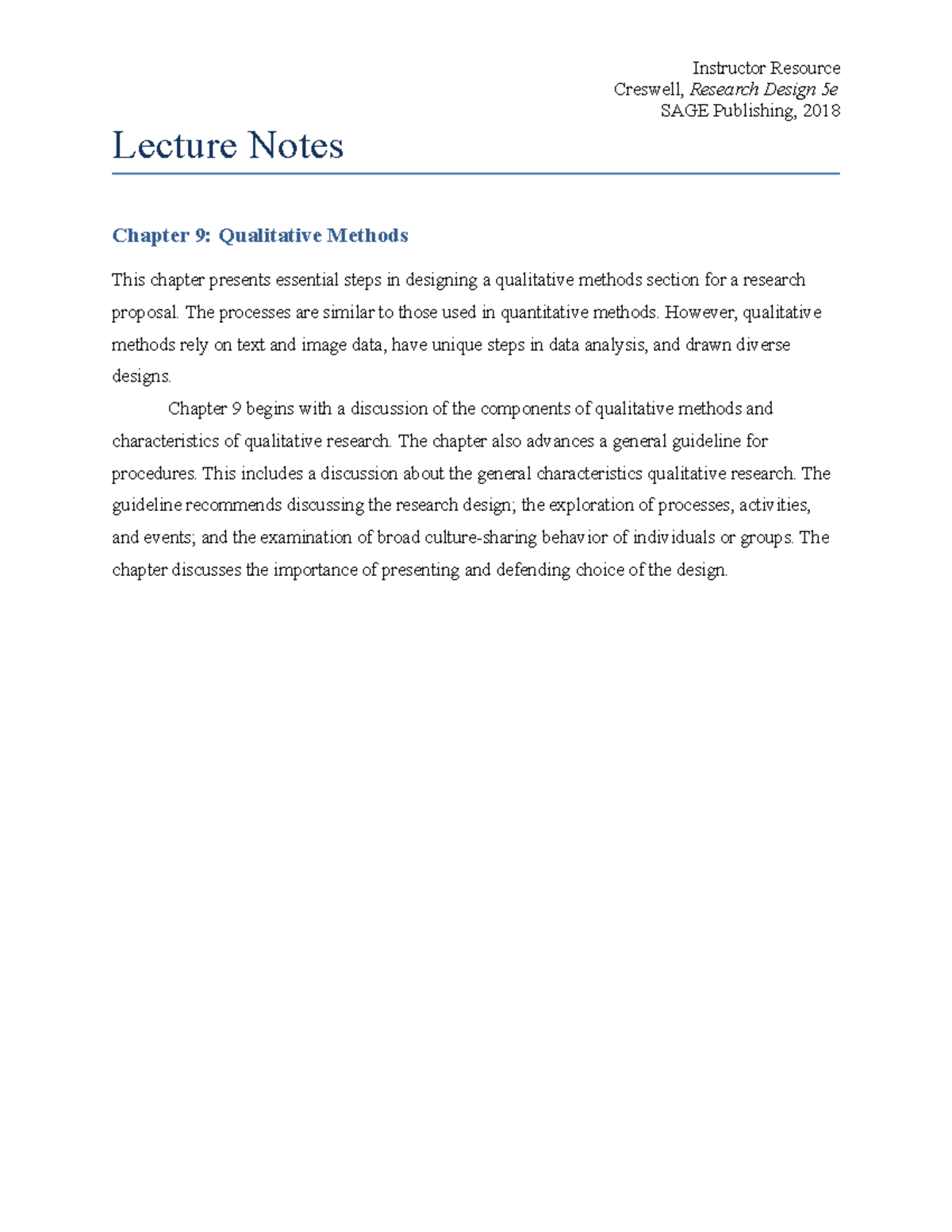 Creswell Ch.9 Notes - Qualitative Methods - Creswell, Research Design ...