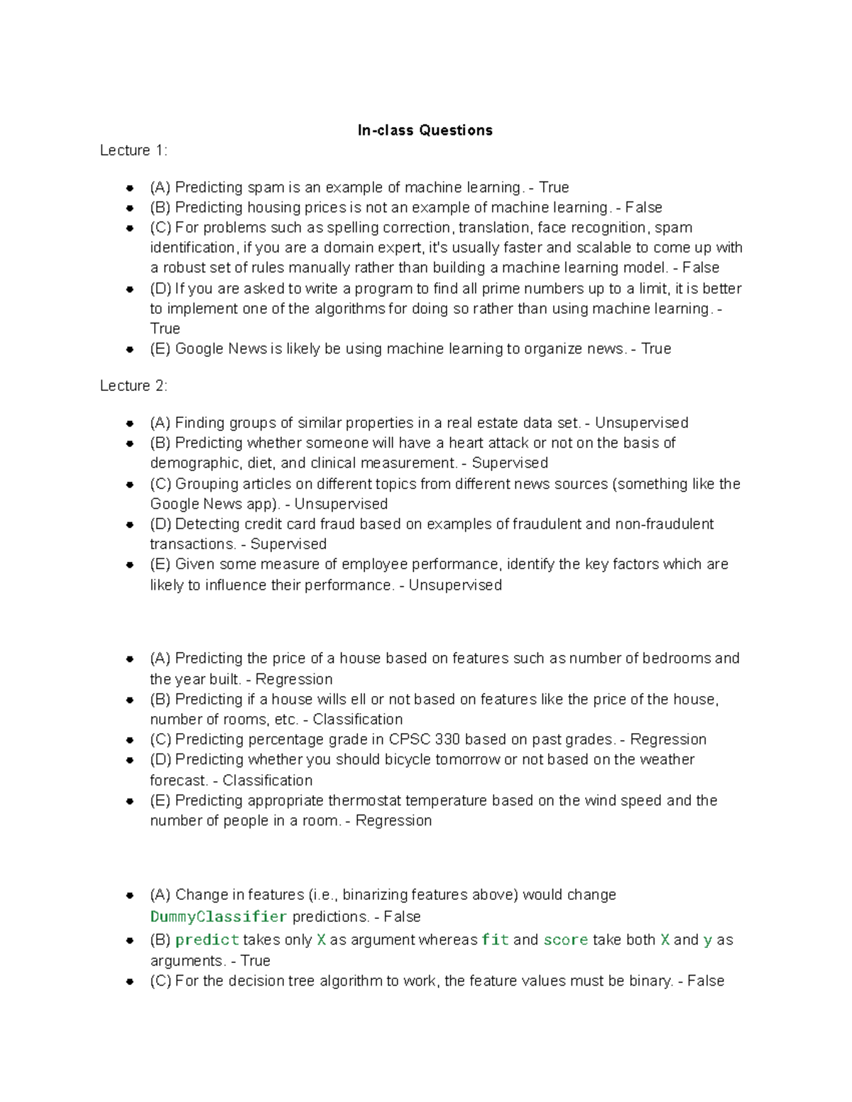 CPSC330 Cheat sheet - In-class Questions Lecture 1: (A) Predicting spam ...