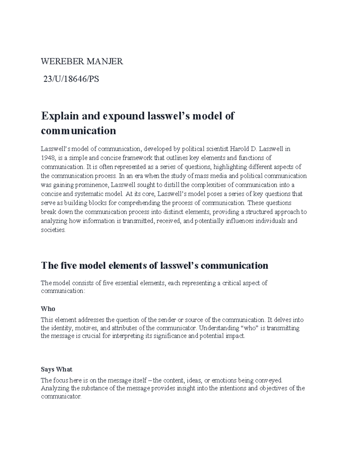 Lasswell - MIMI - WEREBER MANJER 23/U/18646/PS Explain and expound ...