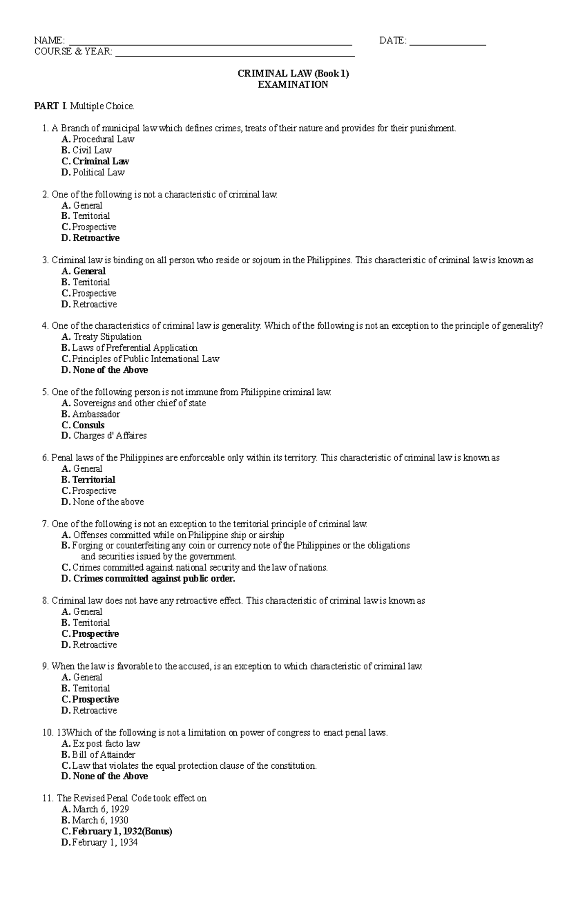 Criminal Law Exam - Frequently Asked Questions - Multiple Choice - NAME ...