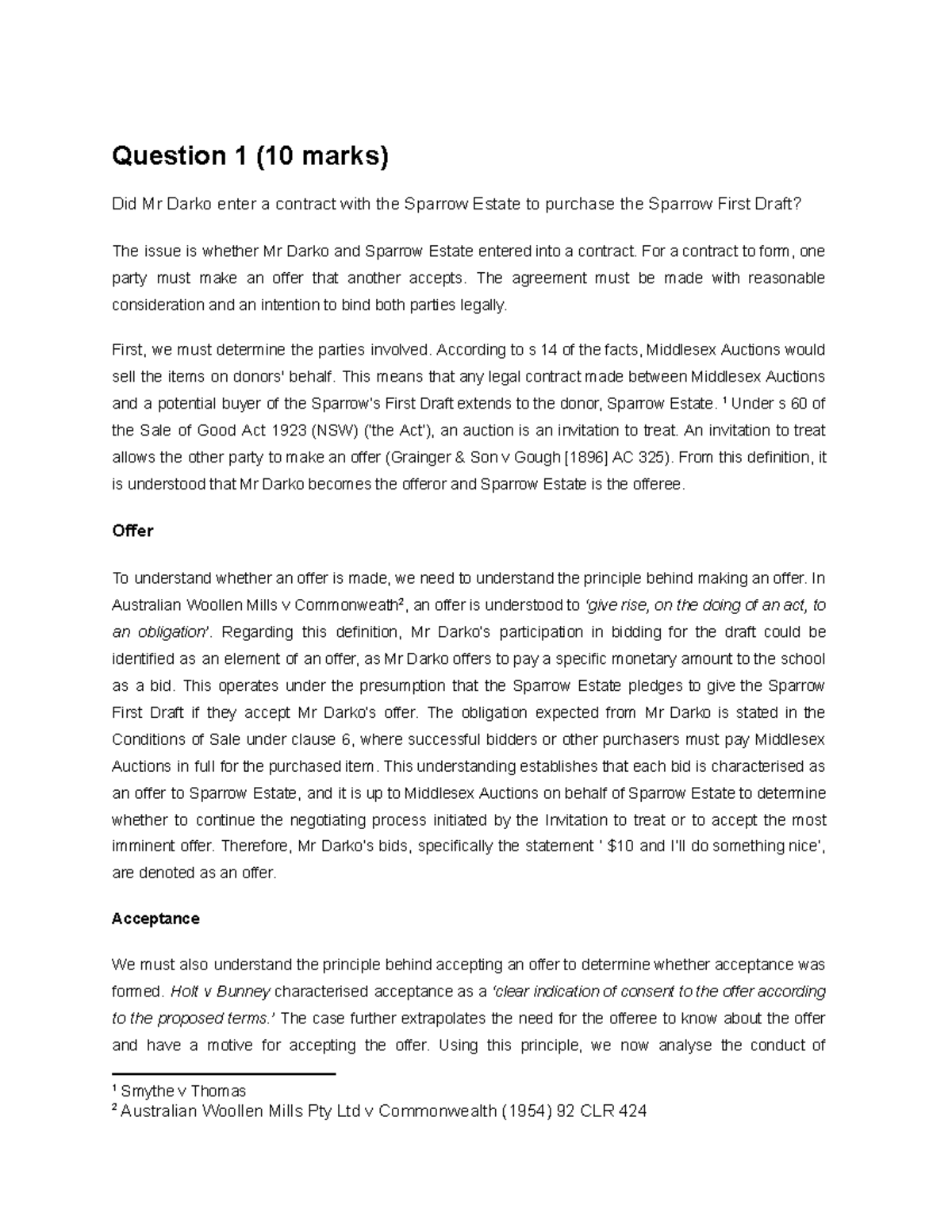 Contracts Assignment - Question 1 (10 marks) Did Mr Darko enter a ...