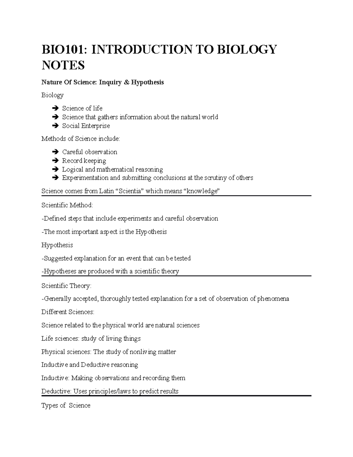 BIO101 14 - notes - BIO101: INTRODUCTION TO BIOLOGY NOTES Nature Of ...