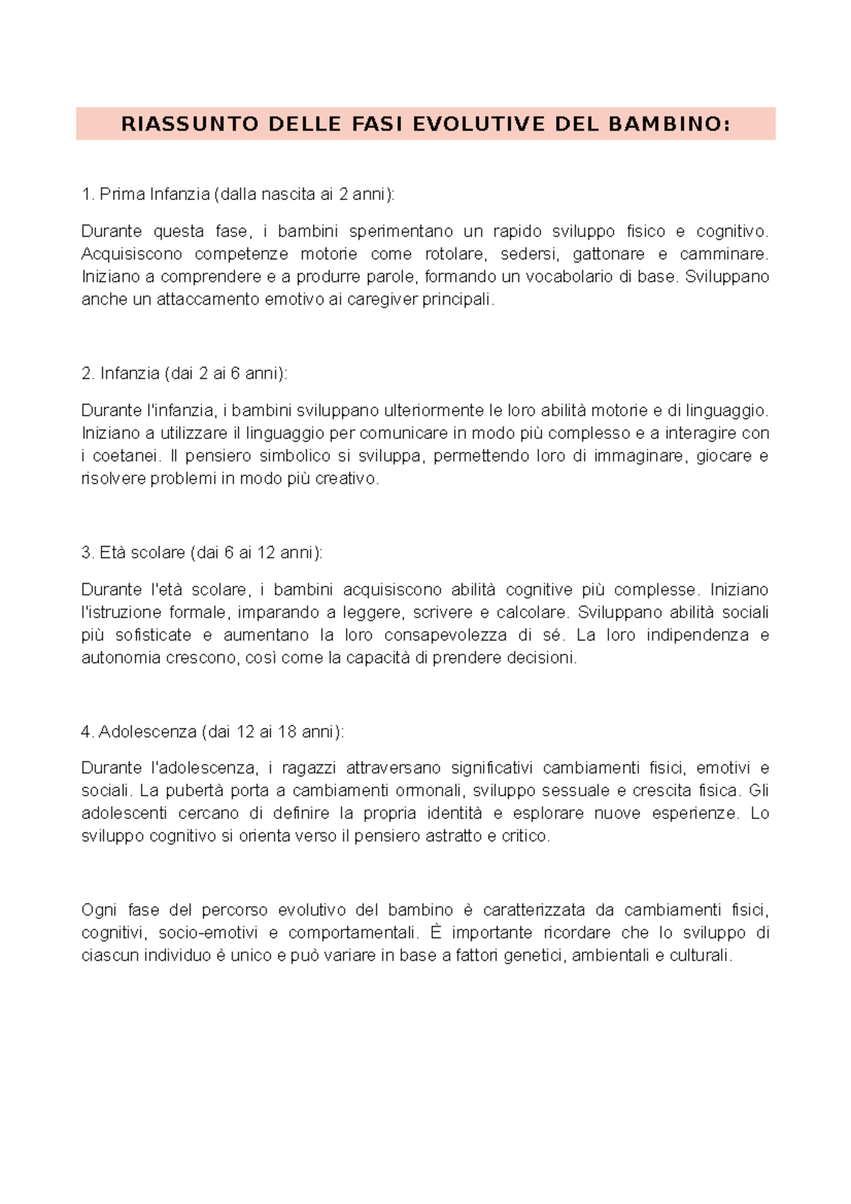 Riassunto delle fasi evolutive del bambino - RIASSUNTO DELLE FASI ...