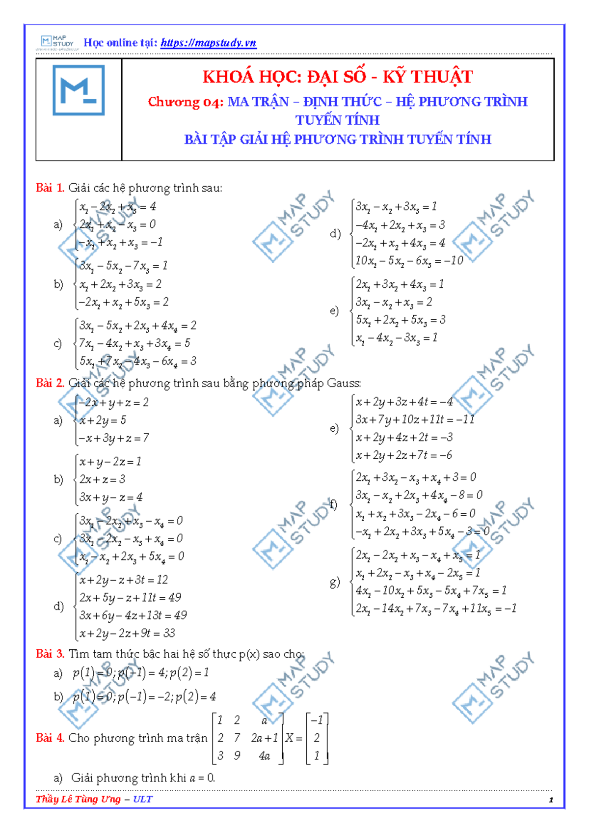 Bài 8 Bài tập - Giải hệ phương trình tuyến tính - Học online tại: mapstudy - Studocu