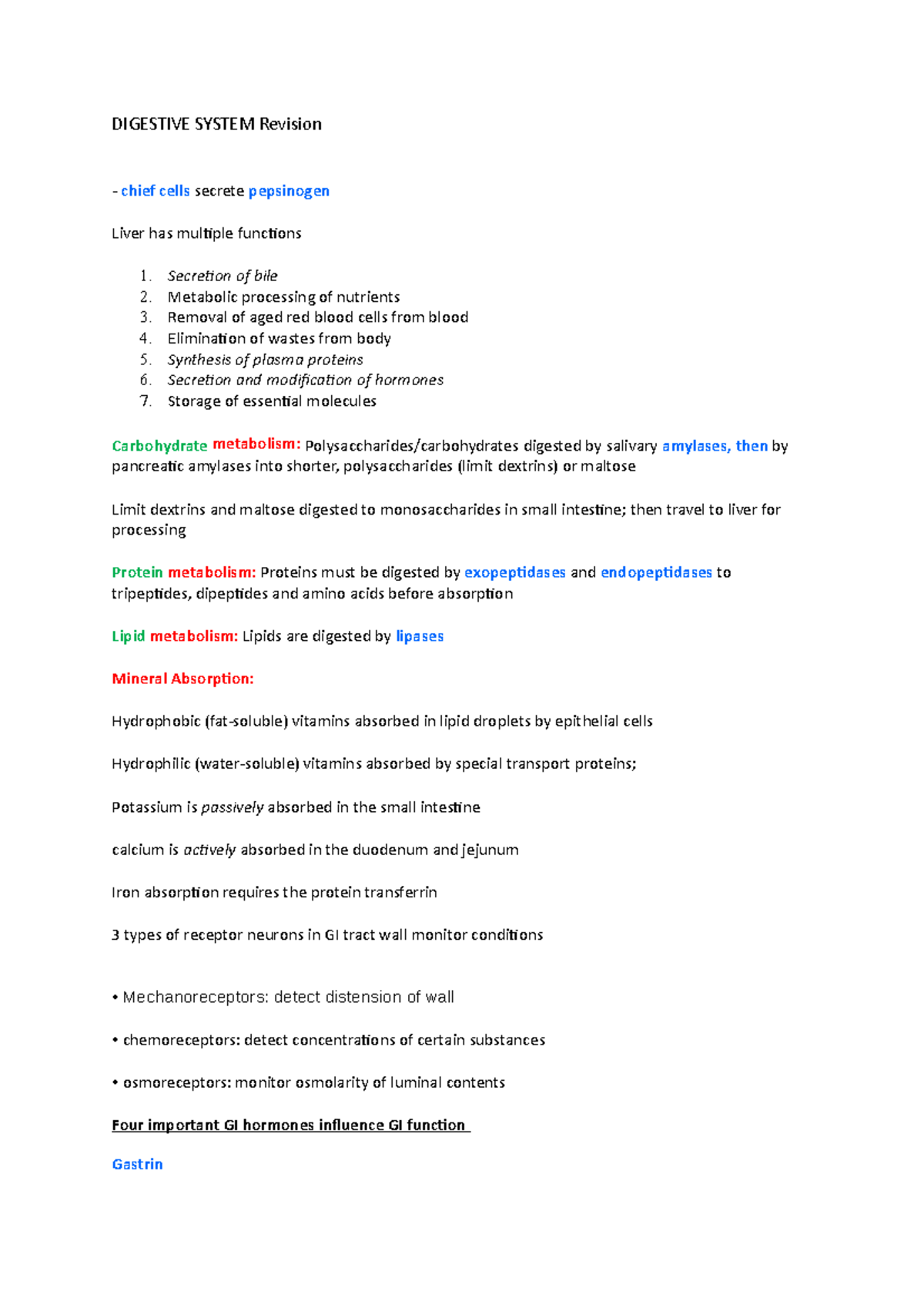 Digestive System Revision - DIGESTIVE SYSTEM Revision chief cells ...