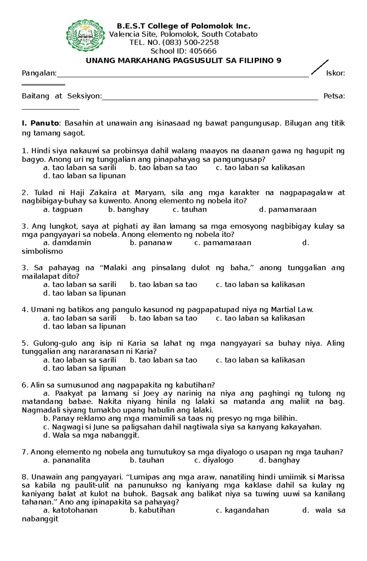 9-1st Quarter Exam - Sample of test paper. - B.E.S College of Polomolok ...