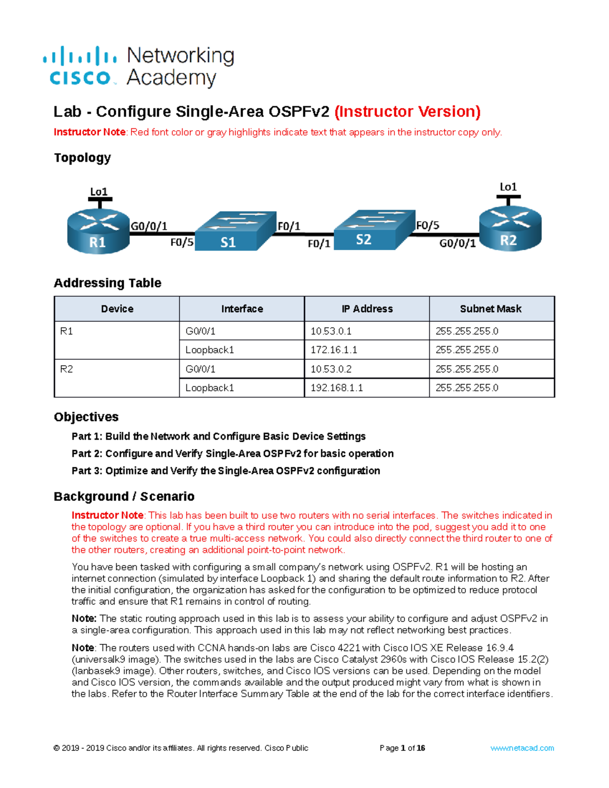 2.7 - ccna cours - Lab - Configure Single-Area OSPFv2 (Instructor Version) Instructor Note : Red ...