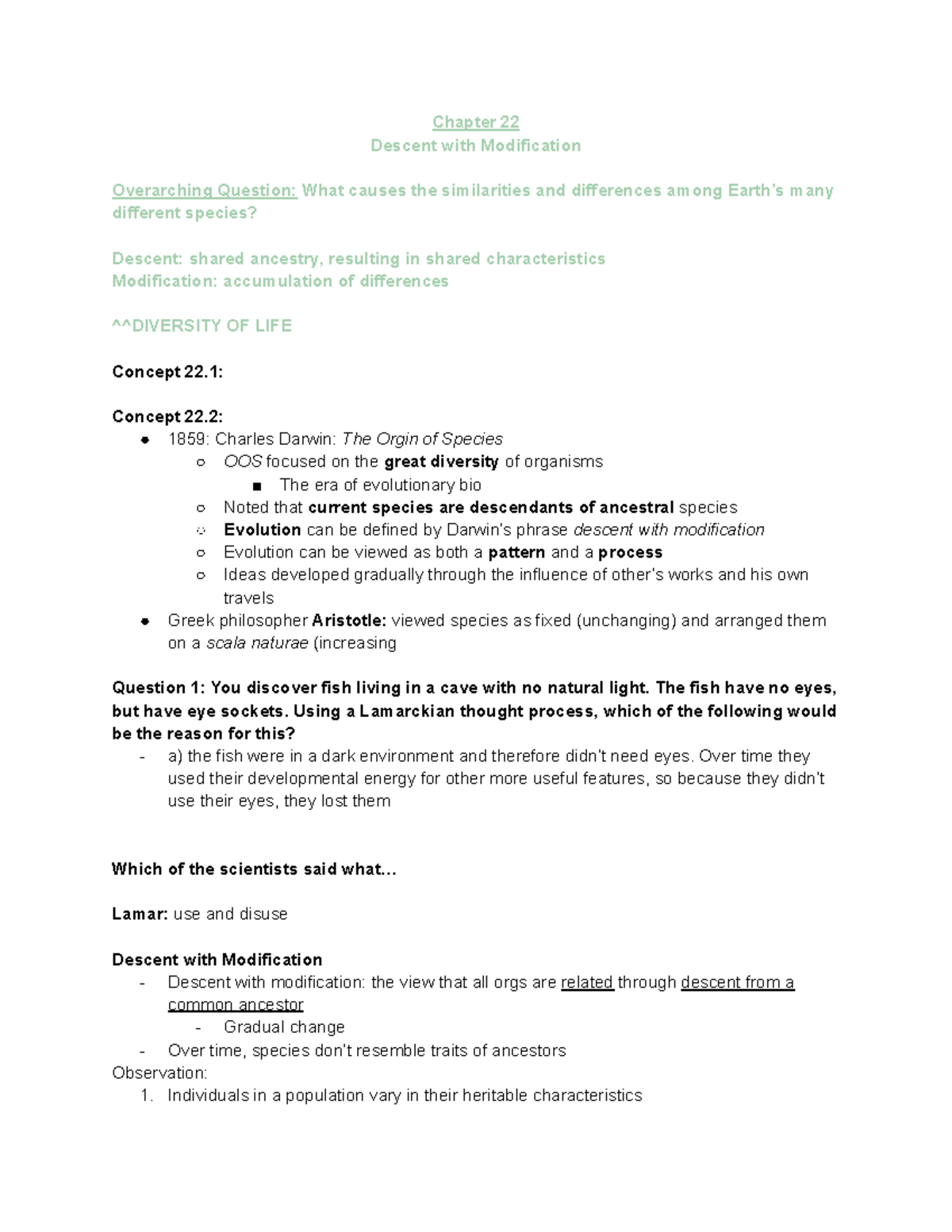 BIO 1306 Ch. 22 Lucture Notes - Chapter 22 Descent with Modification ...